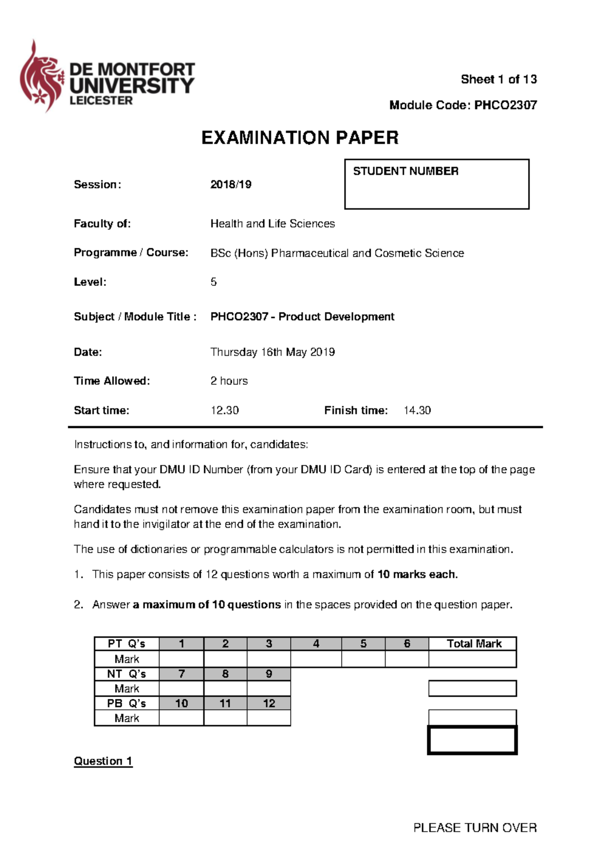 PHCO2307 Final MAIN May Exam paper 2018-2019 - Module Code: PHCO ...