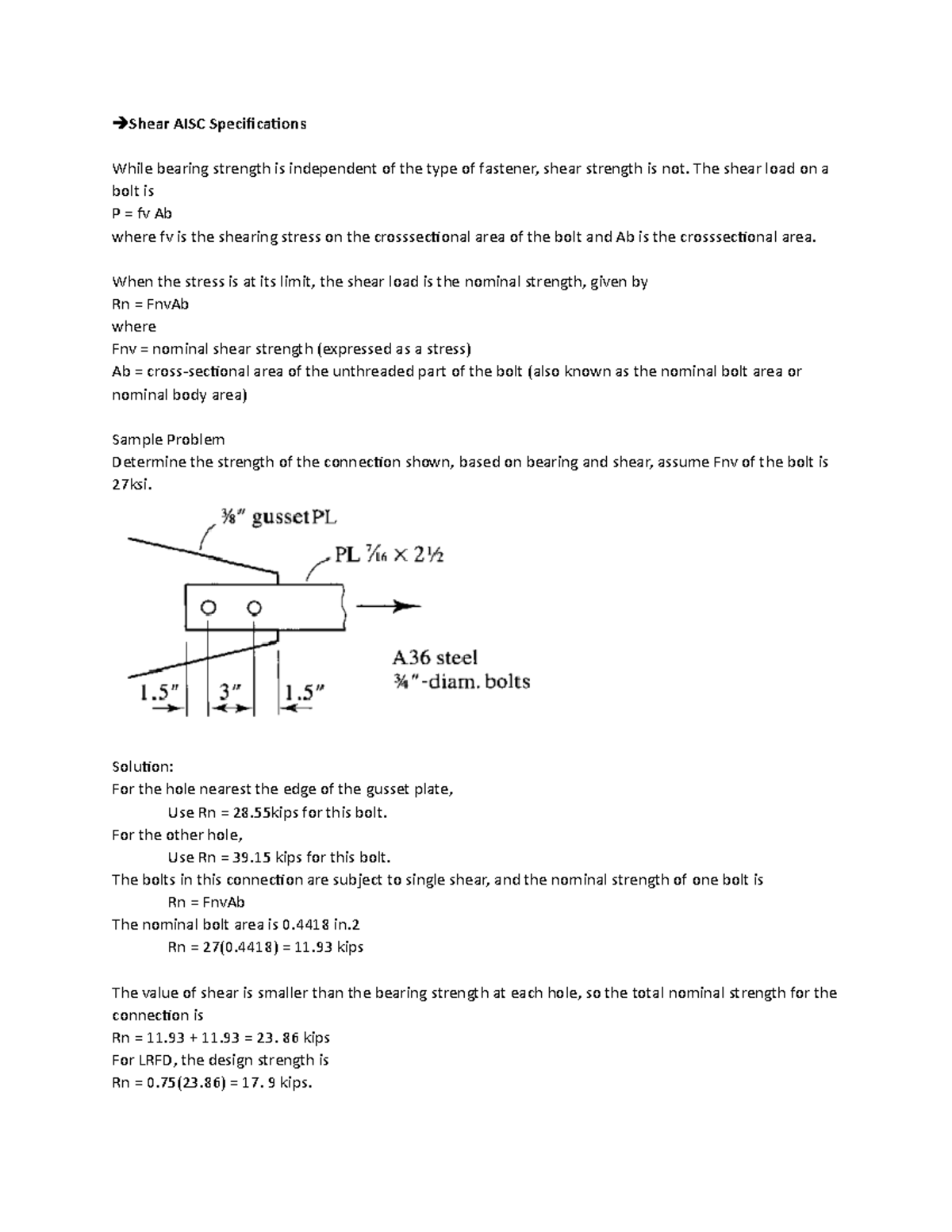Shear AISC Specifications - Shear AISC Specifications While bearing ...
