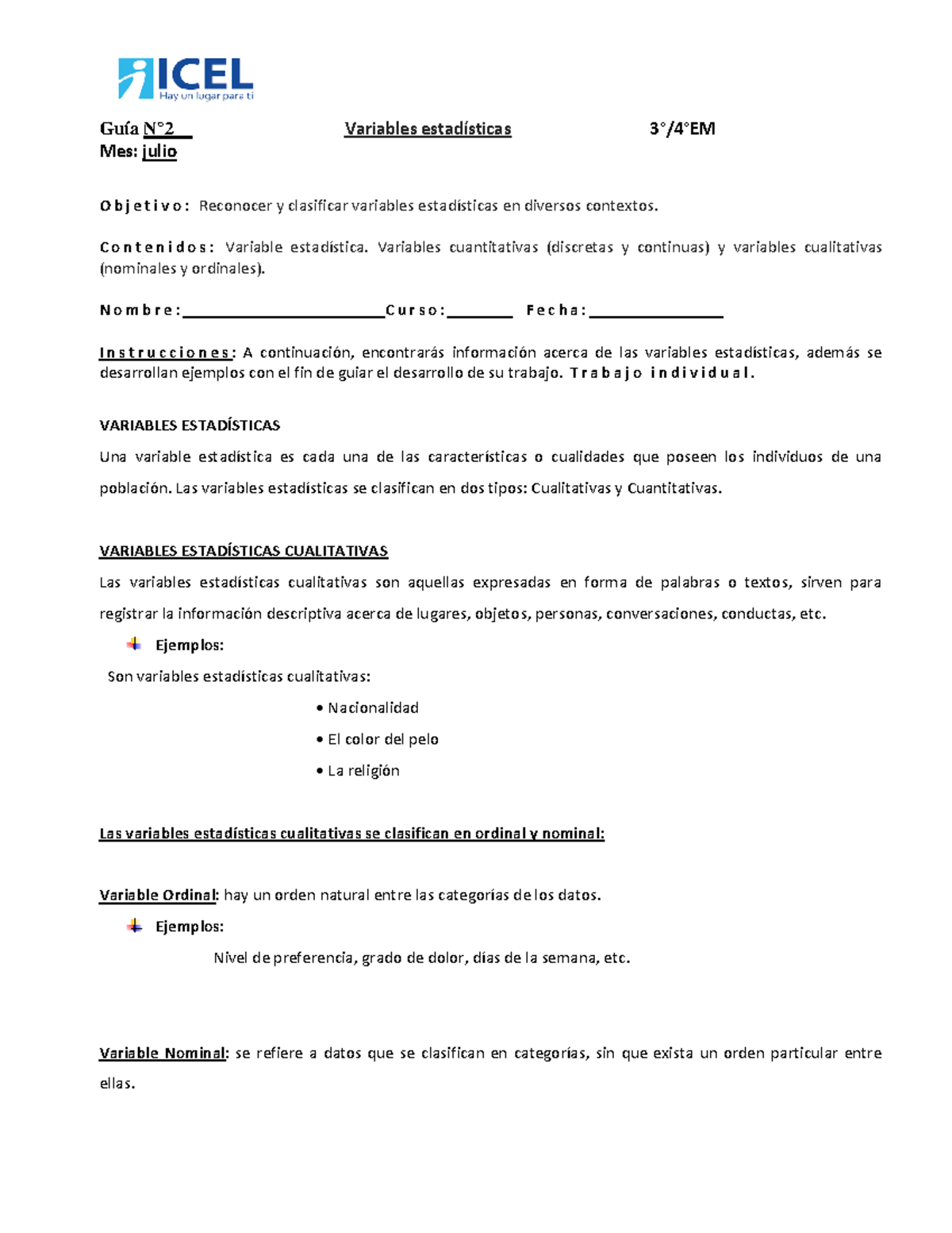 Ejecicios de variables estadisticas - Guía N°2 Variables estadísticas 3 ...