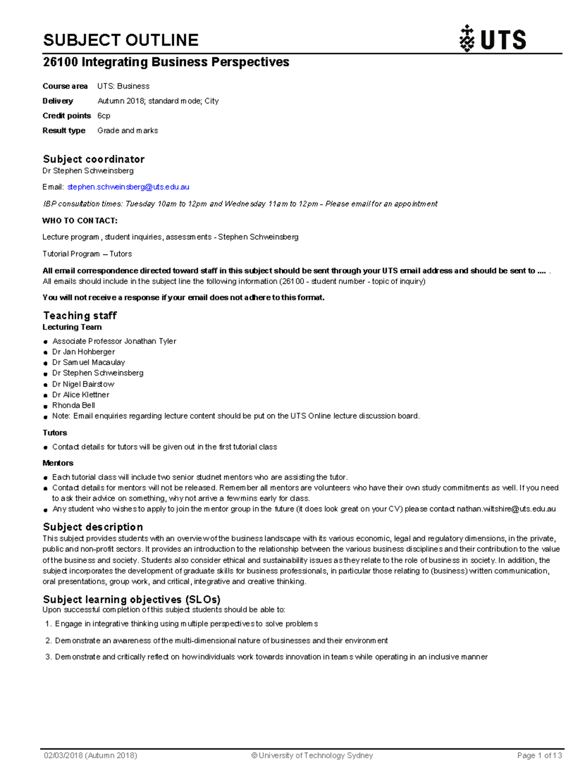 Int. Bus. Pers - subject outline - SUBJECT OUTLINE 26100 Integrating ...