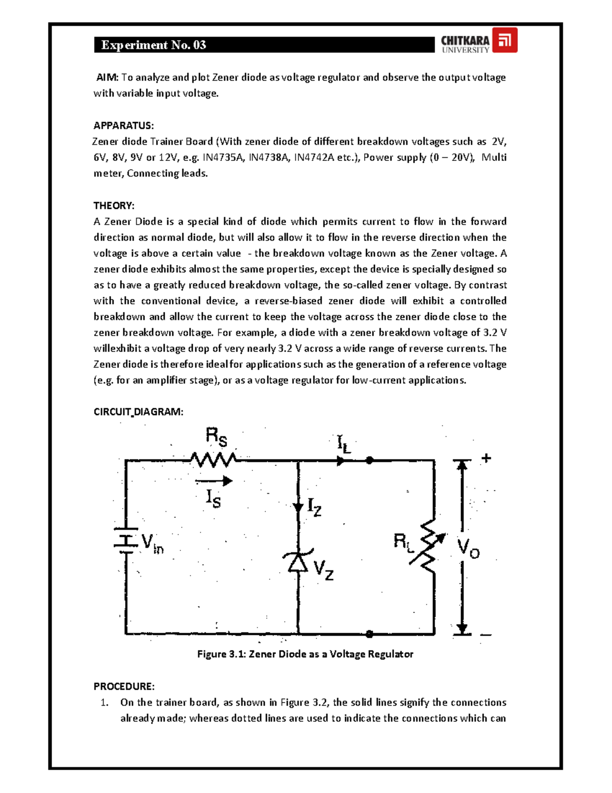 Exp. 3 DECA - hjj - AIM: To analyze and plot Zener diode as voltage regulator and observe the ...