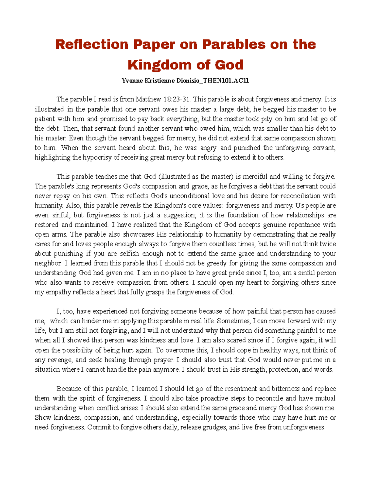 Dionisio THEN101.AC11 Parables on the Kingdom of God - Reflection Paper ...