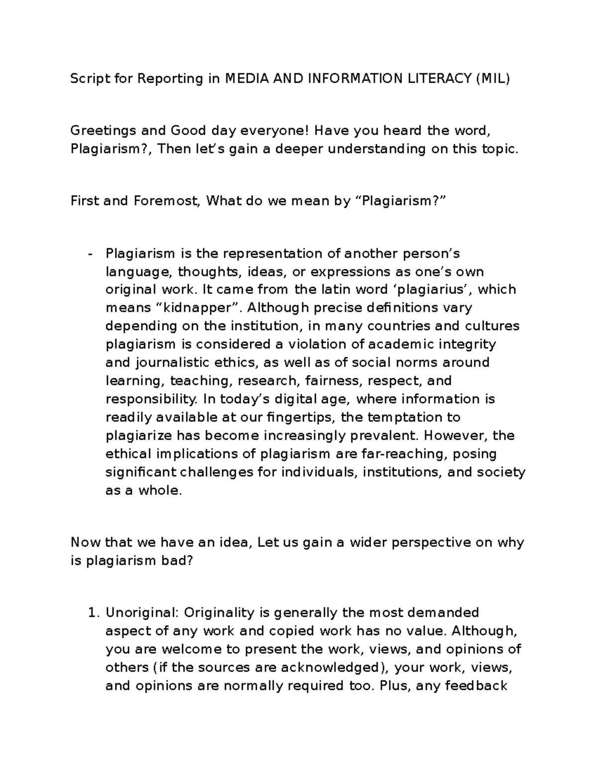 Script MIL - Script for Reporting in MEDIA AND INFORMATION LITERACY ...