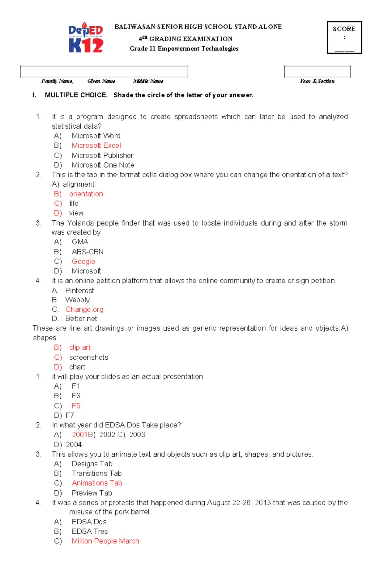 Etech EXAM - I. MULTIPLE CHOICE. Shade the circle of the letter of your ...
