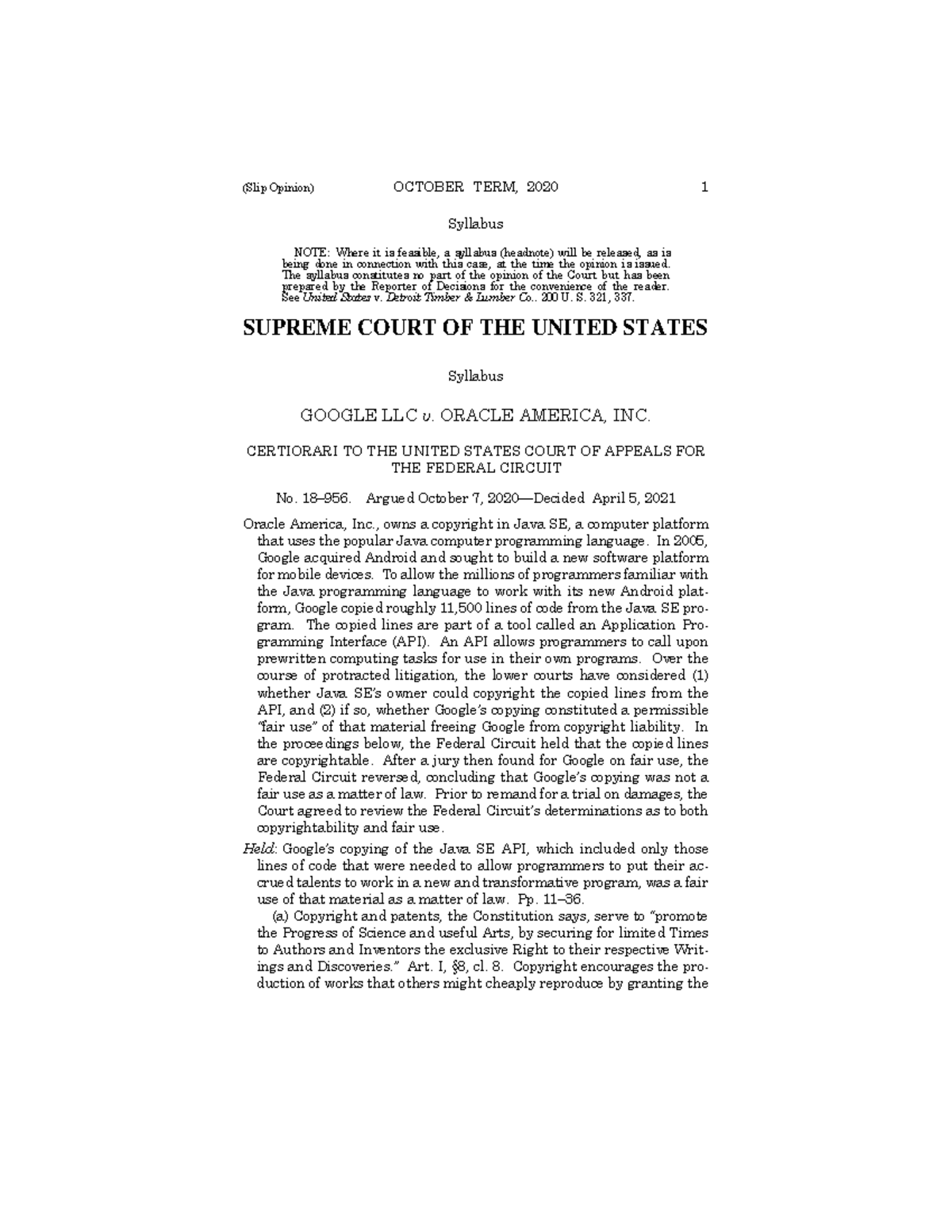 Google LLC vs Oracle America - (Slip Opinion) OCTOBER TERM, 2020 1 ...