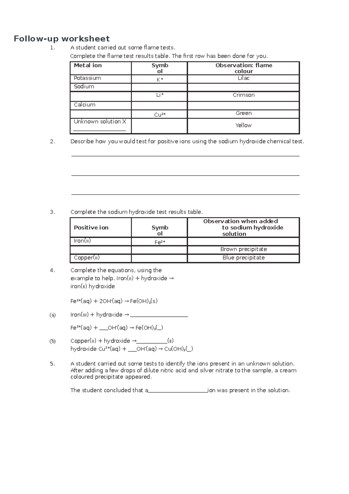 Ions Test Follow up Worksheet A Student Carried Out Some Flame Tests