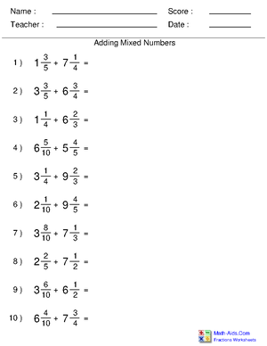 Adding fractions-1 G7 - Name : Teacher : Date : Score : Fractions ...