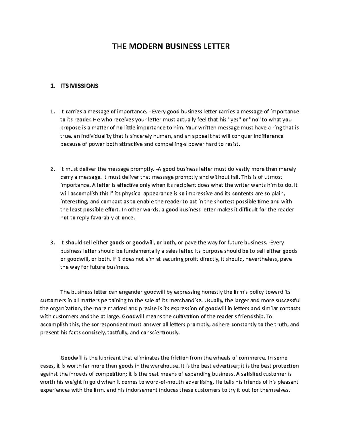THE Modern Business Letter - THE MODERN BUSINESS LETTER 1. ITS MISSIONS ...