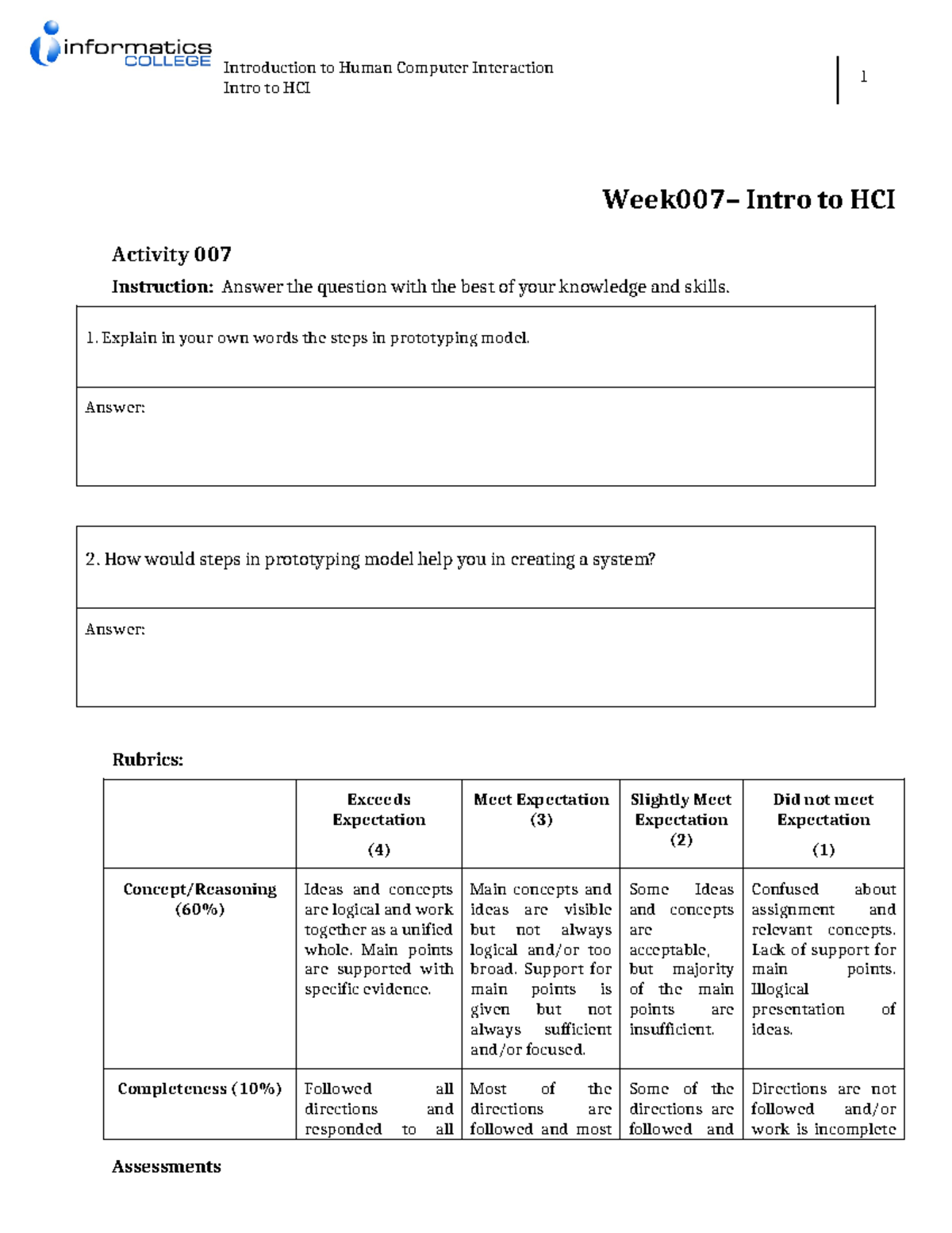 Week007- Assessment 07 - Introduction to Human Computer Interaction Intro to HCI 1 Week0 07 ...