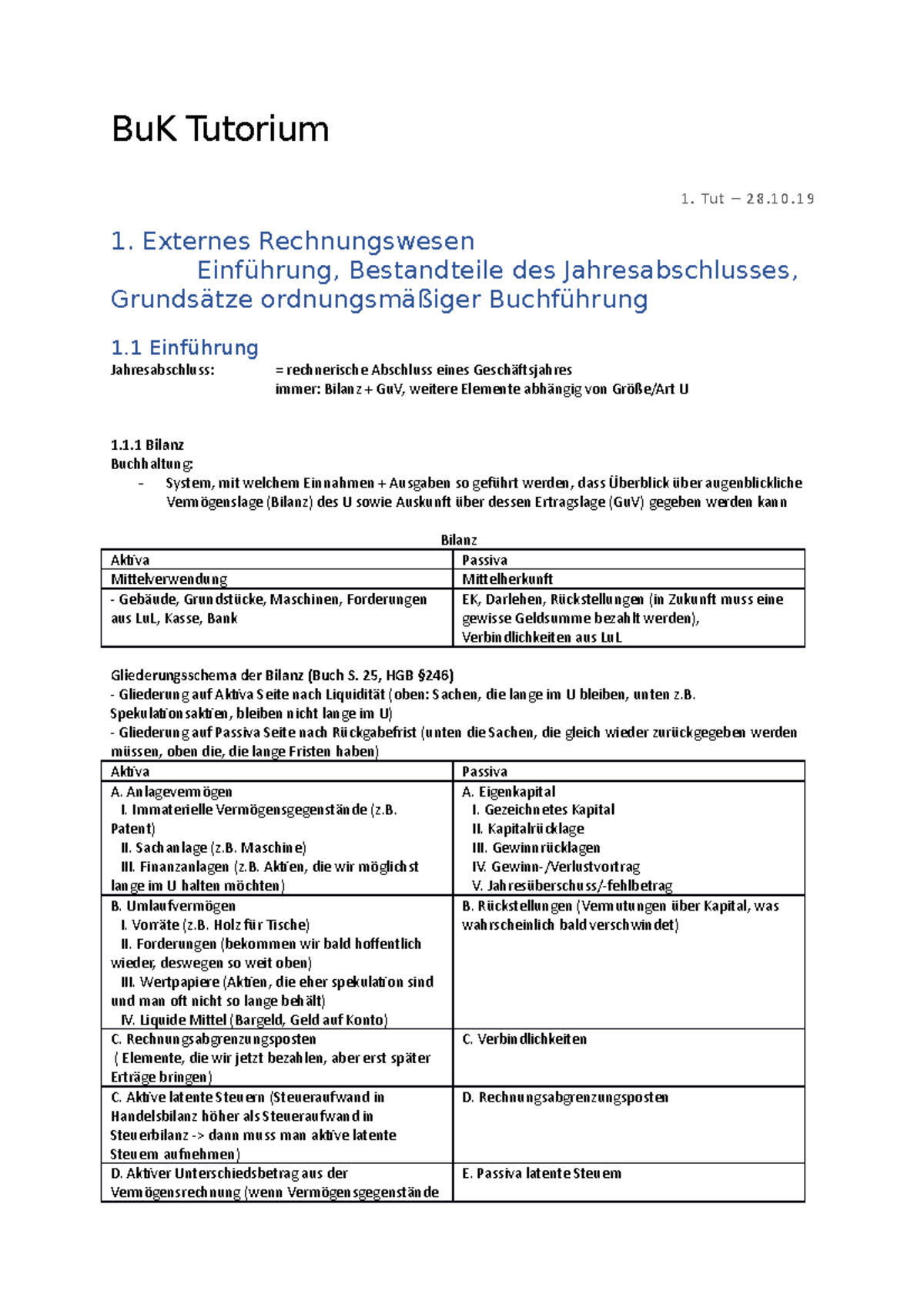 BuK Tutorium 1 Mitschrift - BuK Tutorium 1. Tut – 28. 1. Externes Rechnungswesen Einführung ...