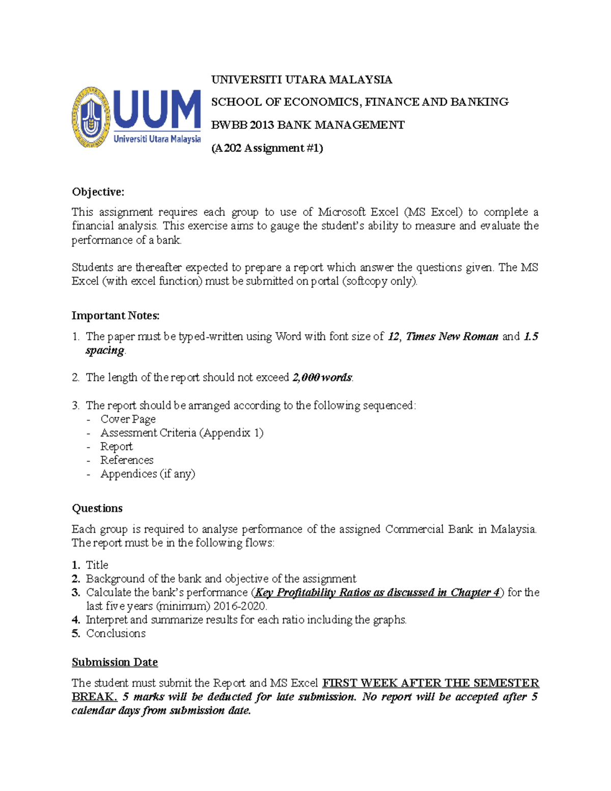 A202 Assignment #1 BANK MGMT - UNIVERSITI UTARA MALAYSIA SCHOOL OF ...