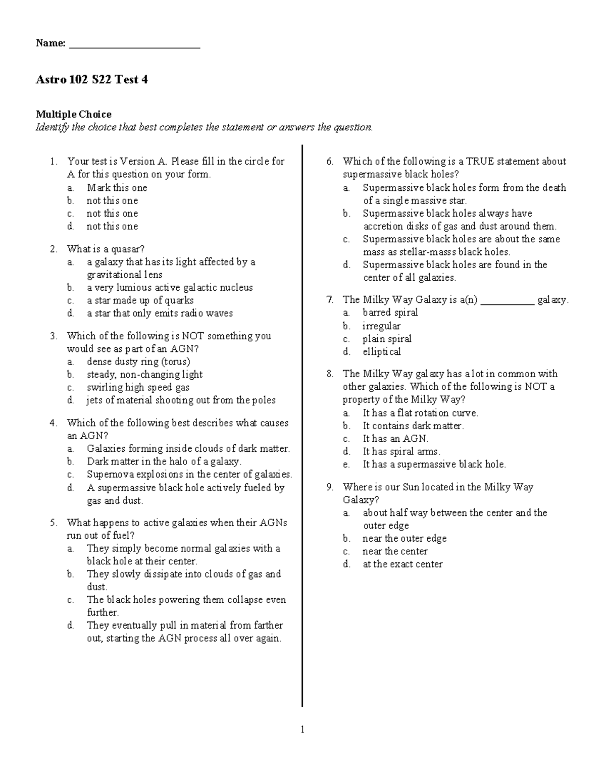 Astro Test 4 2021-2022 - Actual Test given by Professor; great practice ...