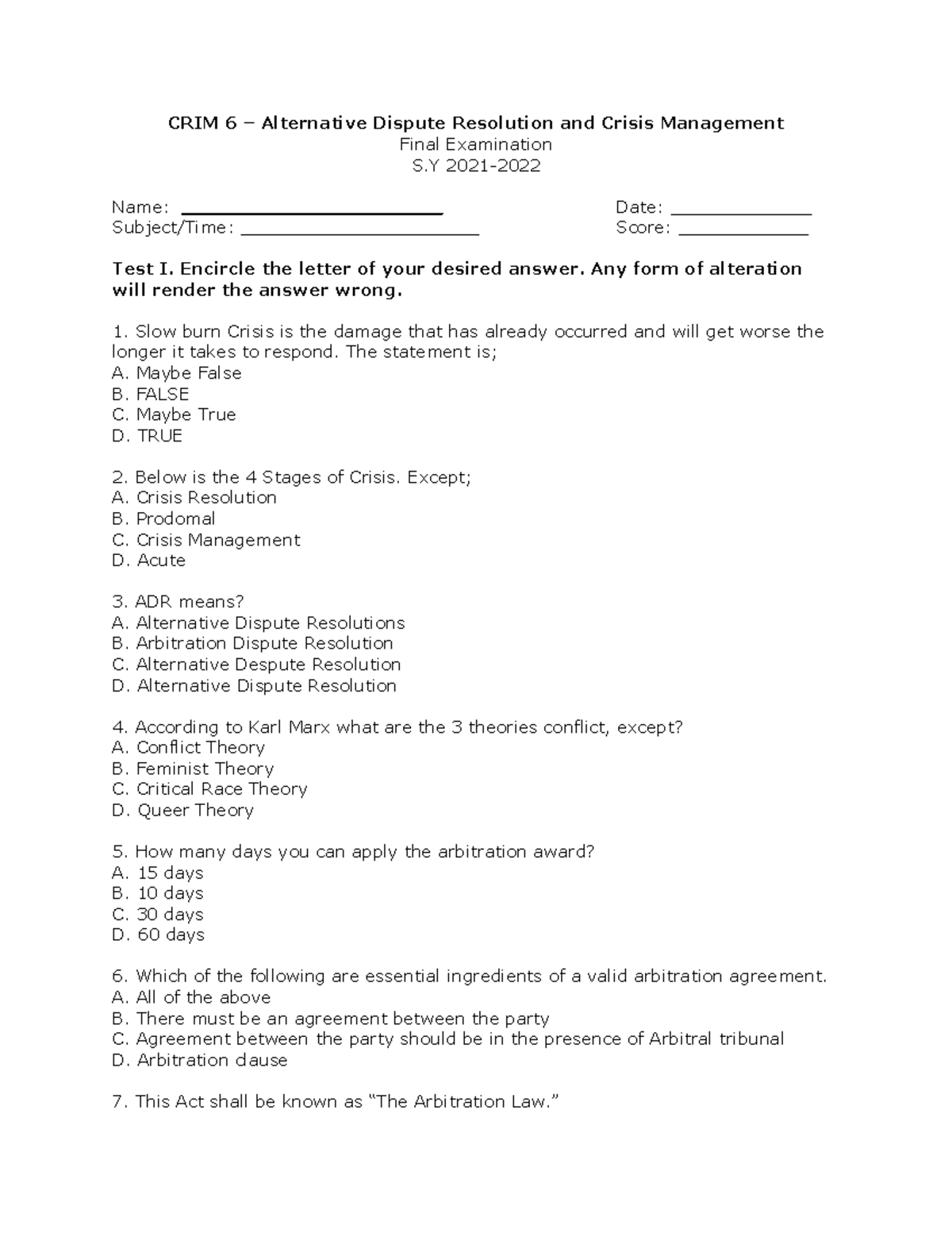 CRIM 6 - Final exam (TQ) - Crim. 6 - CRIM 6 – Alternative Dispute ...