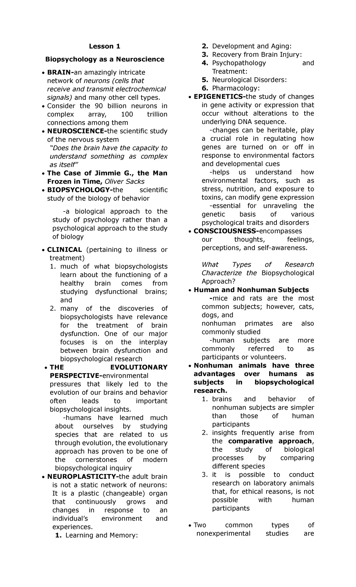 Reviewer - Lesson 1 Biopsychology as a Neuroscience BRAIN-an amazingly ...