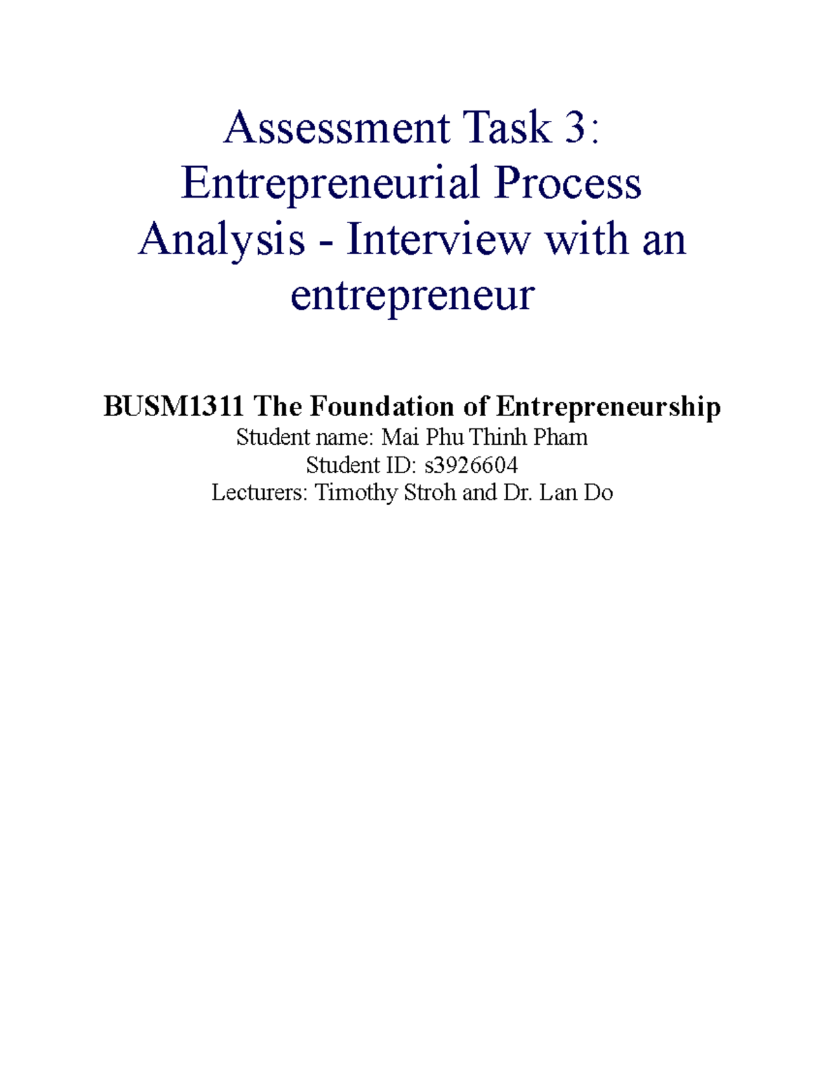 FOE 3 - Assignment 3 The foundation of entrepreneurship - Assessment ...