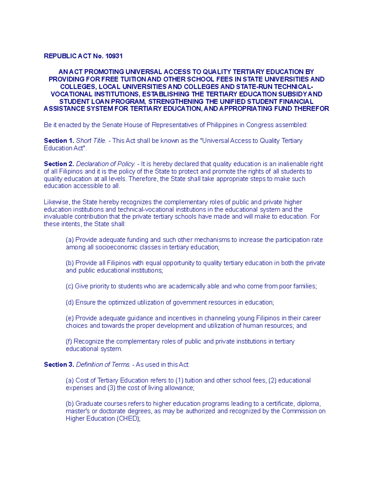 Republic ACT No 10931 Universal Access To Quality Tertiary Education