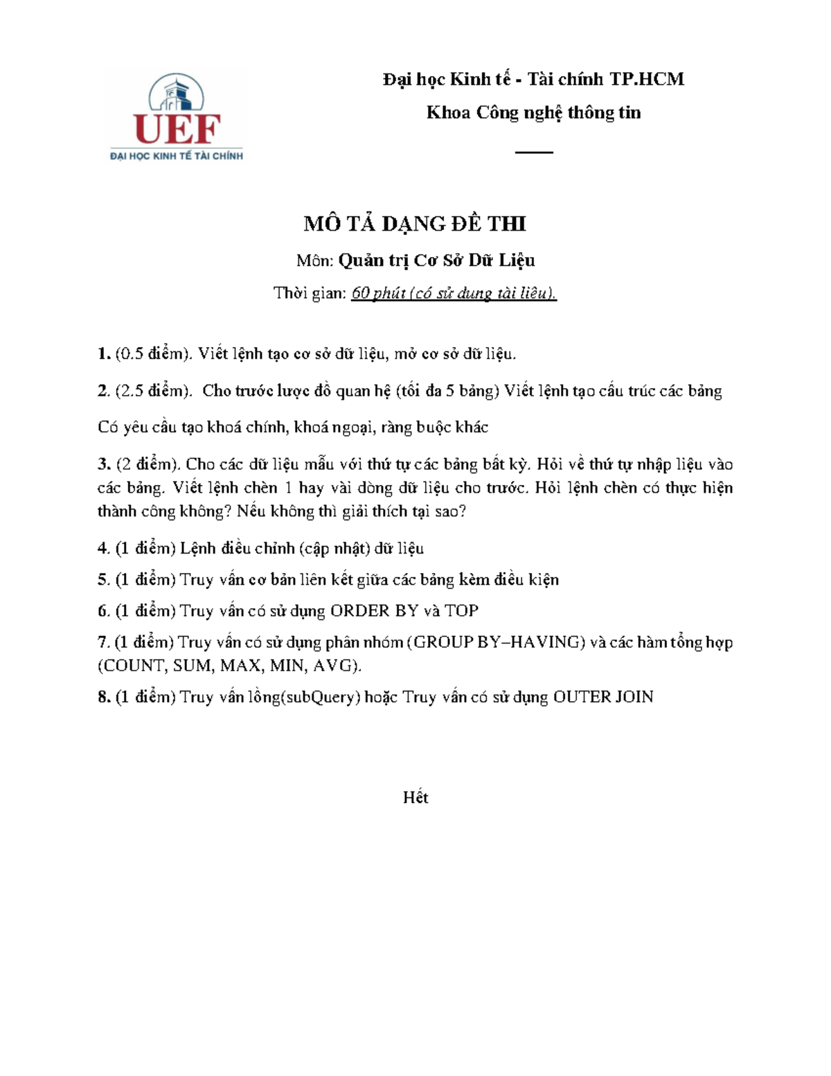 [ Qtcsdl] Dang de thi Qtcsdl 2022 - Đ¿i học Kinh t¿ - Tài chính TP Khoa Công nghệ thông tin ...