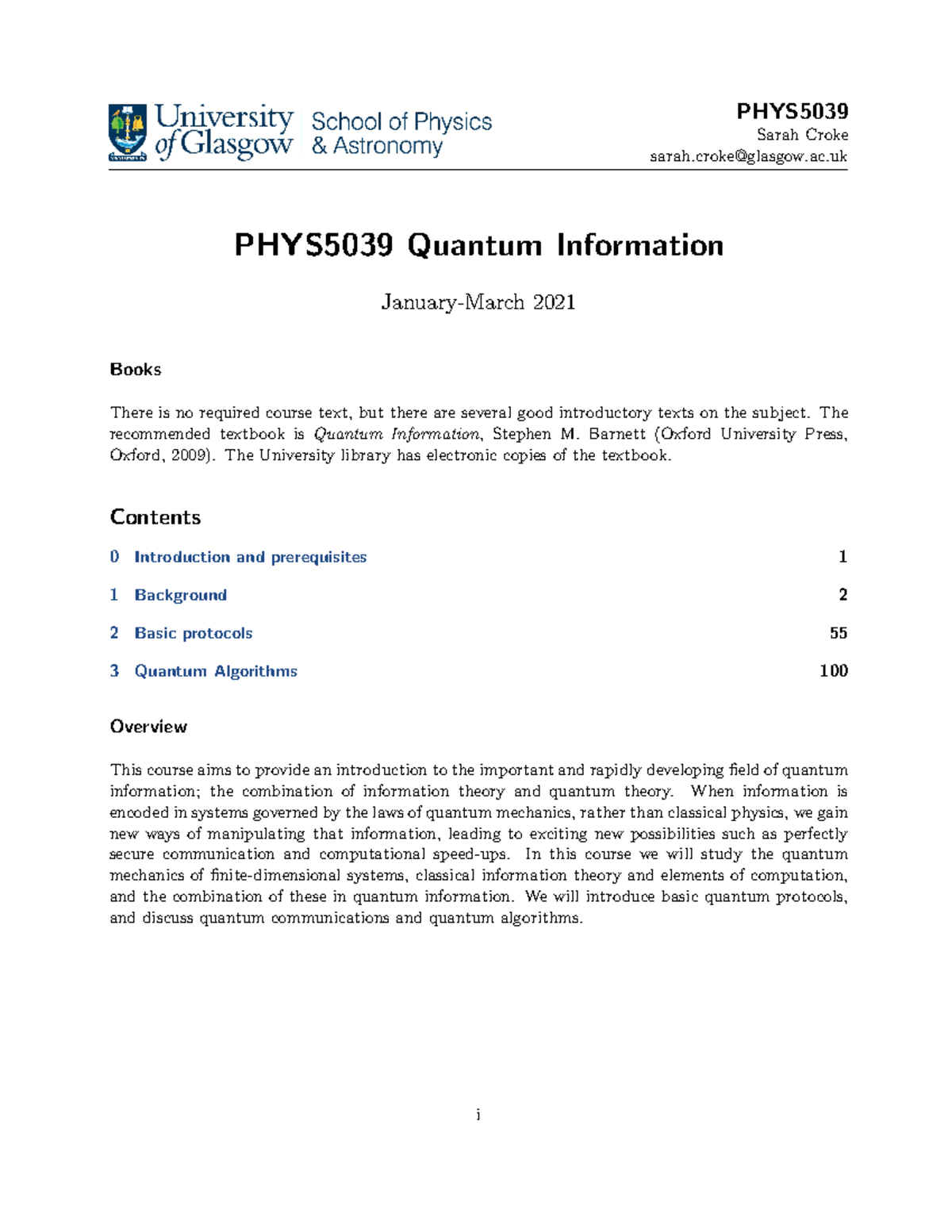 Quantum Information - PHYS Sarah Croke sarah@glasgow.ac PHYS5039 ...