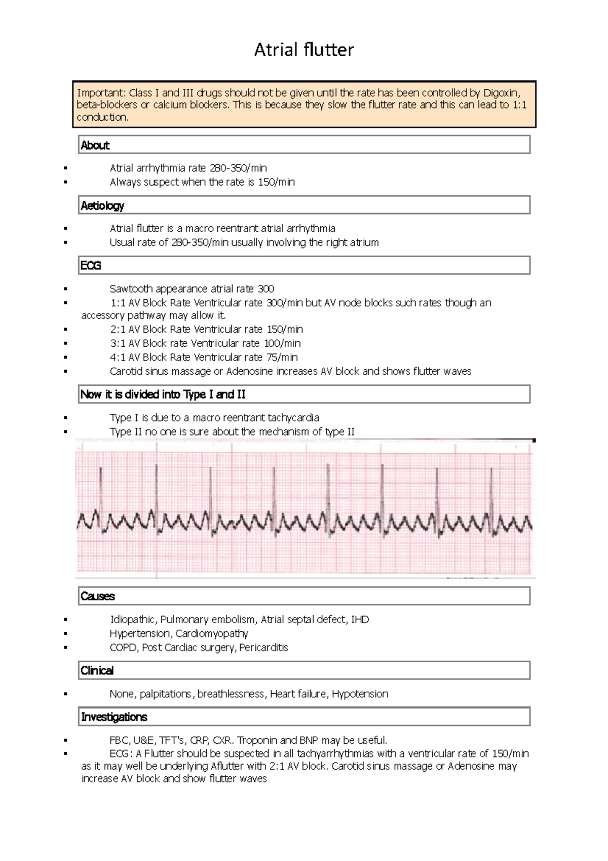 Atrial flutter lecture notes 1 - Atrial flutter Important: Class I and ...