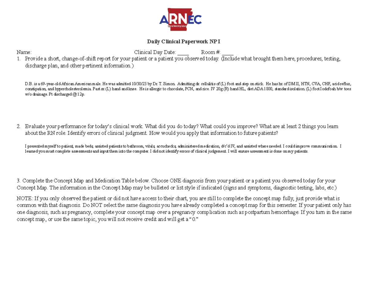 Arnec Daily Clinical Paperwork Practicum III DAY 15 - Daily Clinical Paperwork NP I Name ...