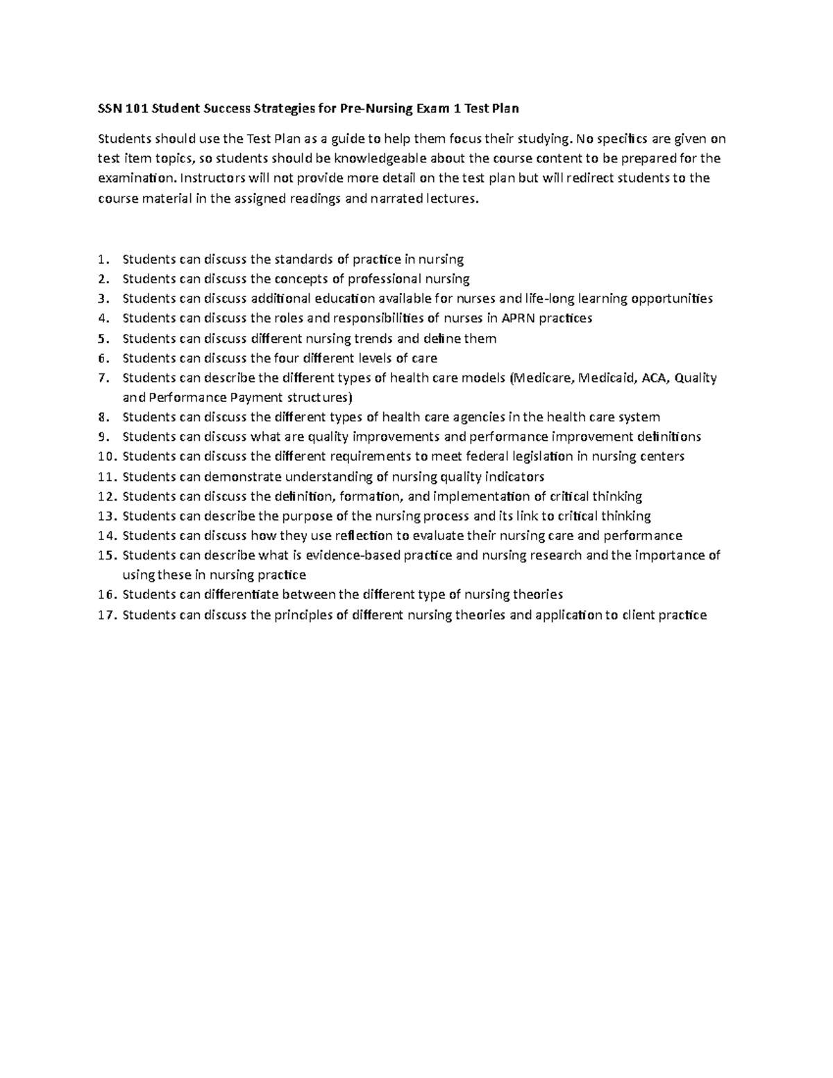 SSN 101 Exam 1 Test Plan - exam 1 test plan - SSN 101 Student Success ...