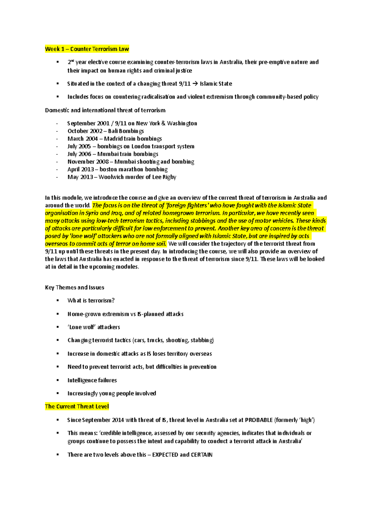 Lecture Notes - Week 1 – Counter Terrorism Law 2 nd year elective ...