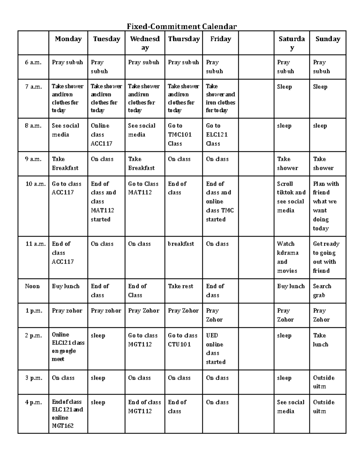 TASK WEEK 2 - BA11 - Fixed-Commitment Calendar Monday Tuesday Wednesd ...
