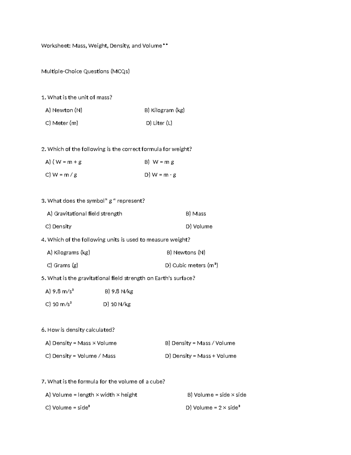 Worksheet weight and density - Worksheet: Mass, Weight, Density, and ...