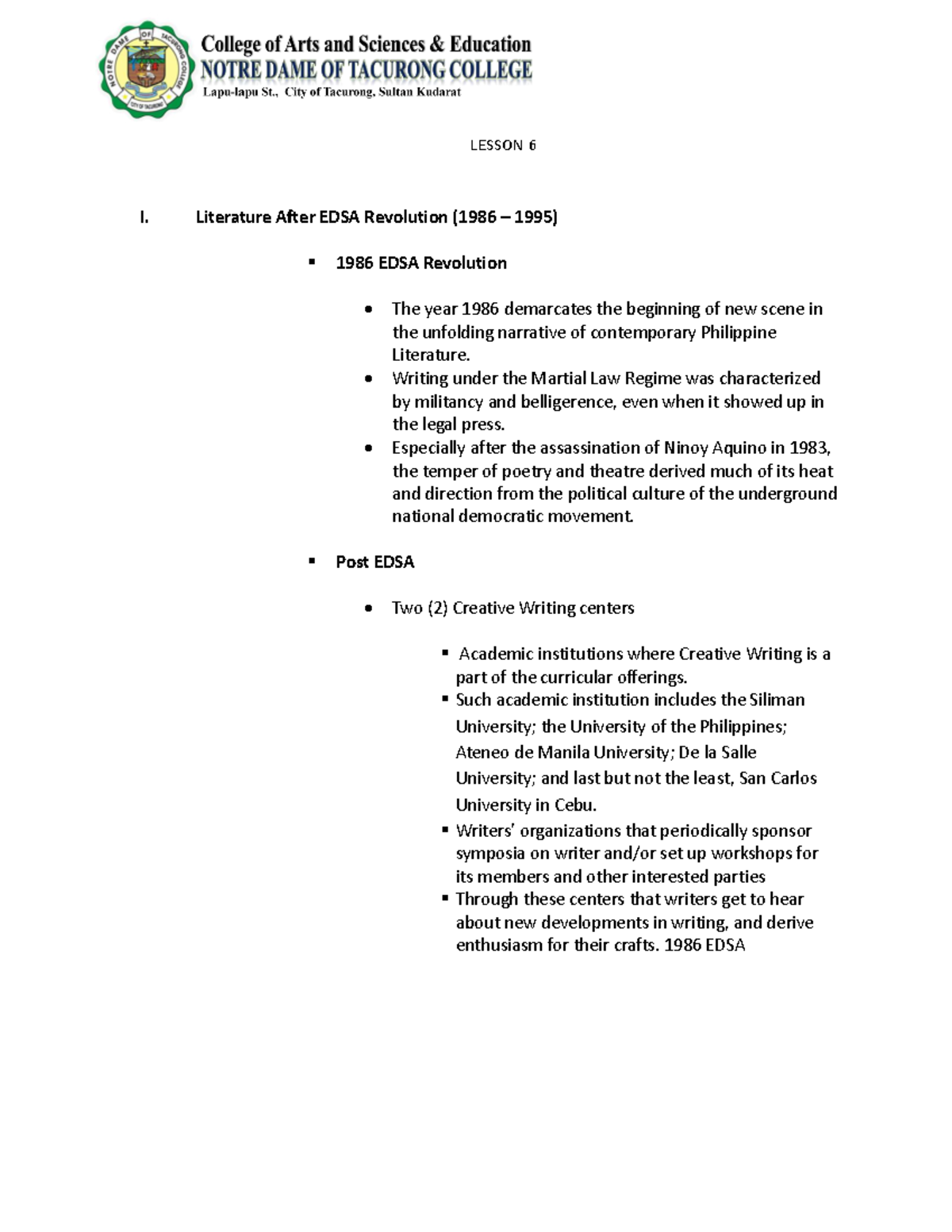Literature After EDSA Revolution (1986-1995) - LESSON 6 I. Literature ...