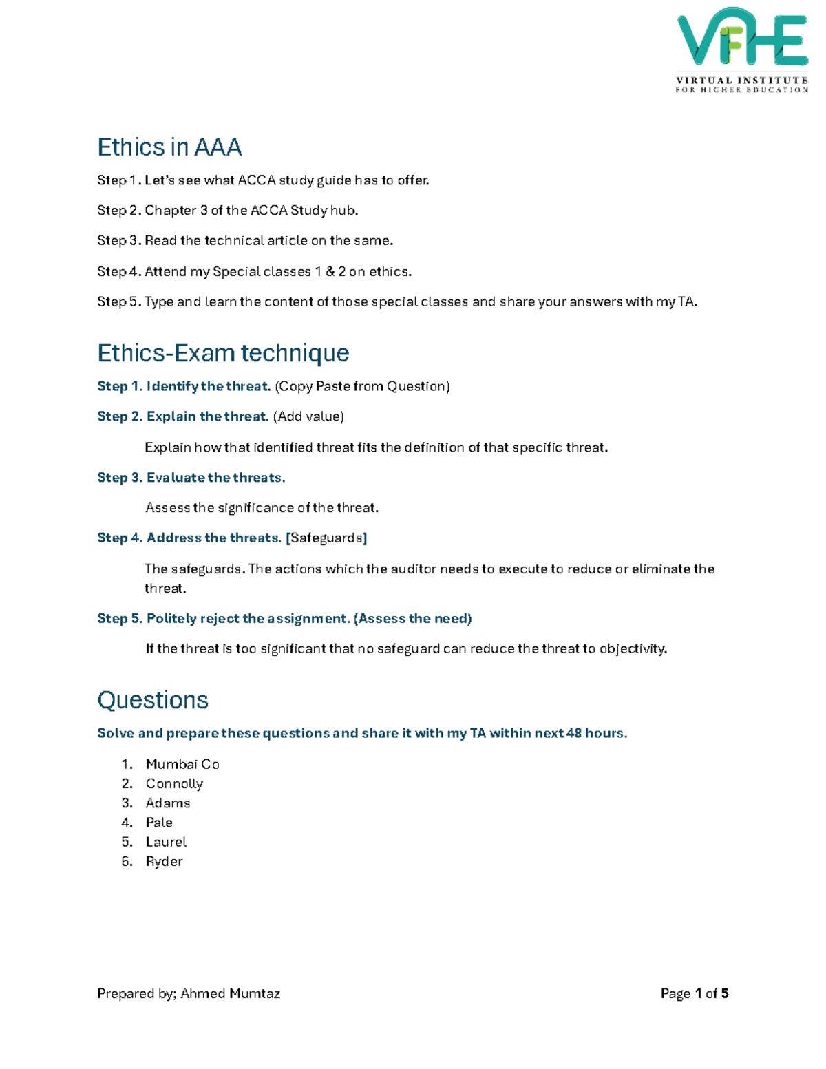 Ethics IN Advanced Audit and Assurance - Ethics in AAA Step 1. Let’s ...
