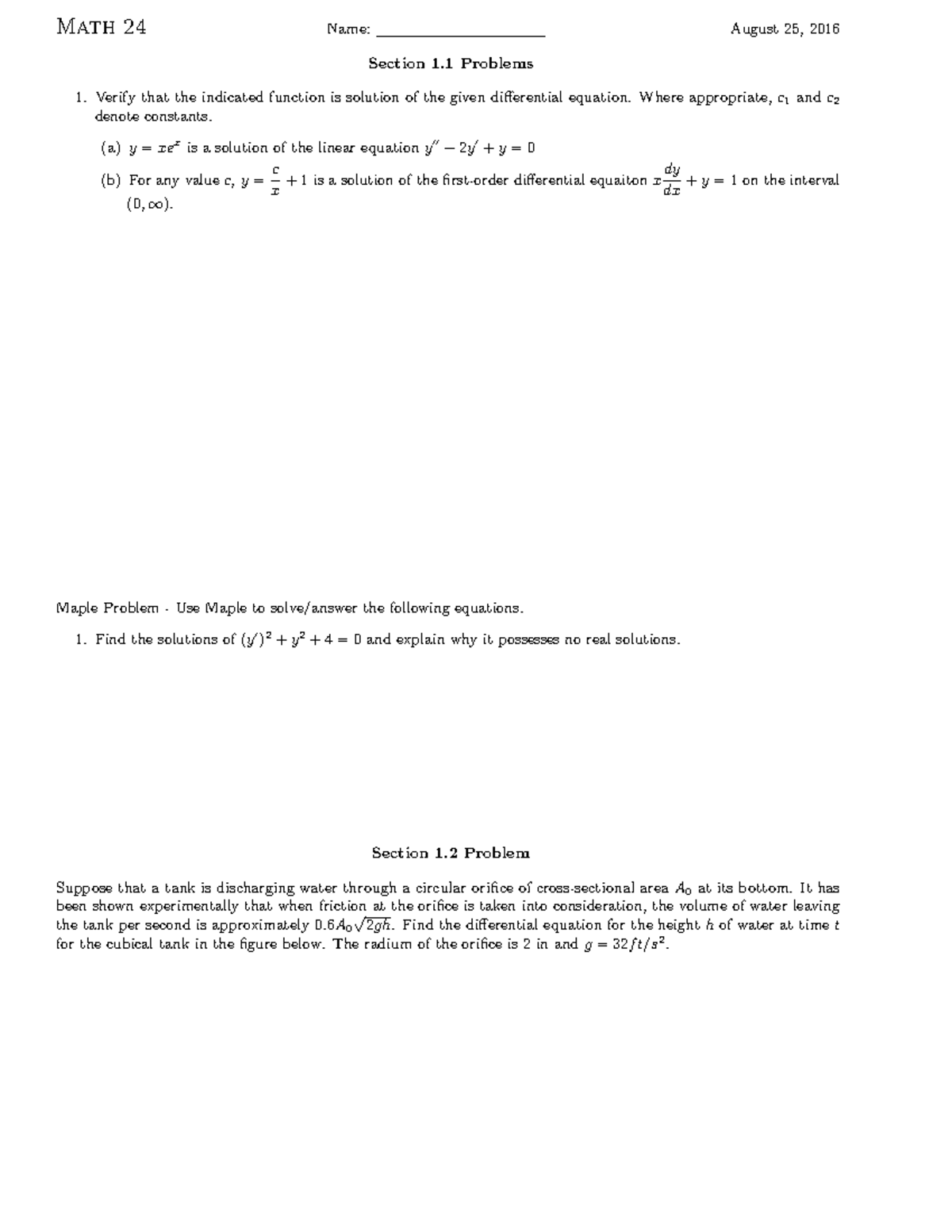 Worksheet 2 - Mandatory in-class assignment - Math 24 Name: August 25 ...