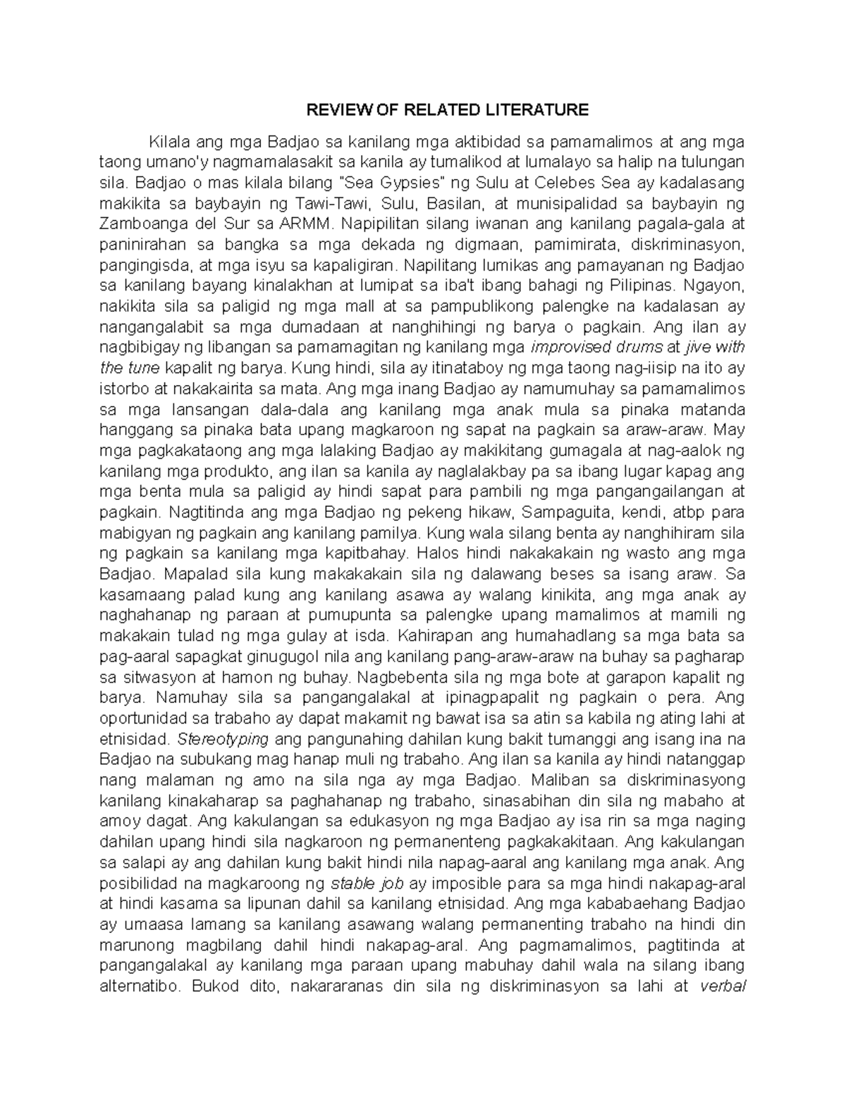 RRL ( Filipino) - HGKHFGYH - REVIEW OF RELATED LITERATURE Kilala ang ...