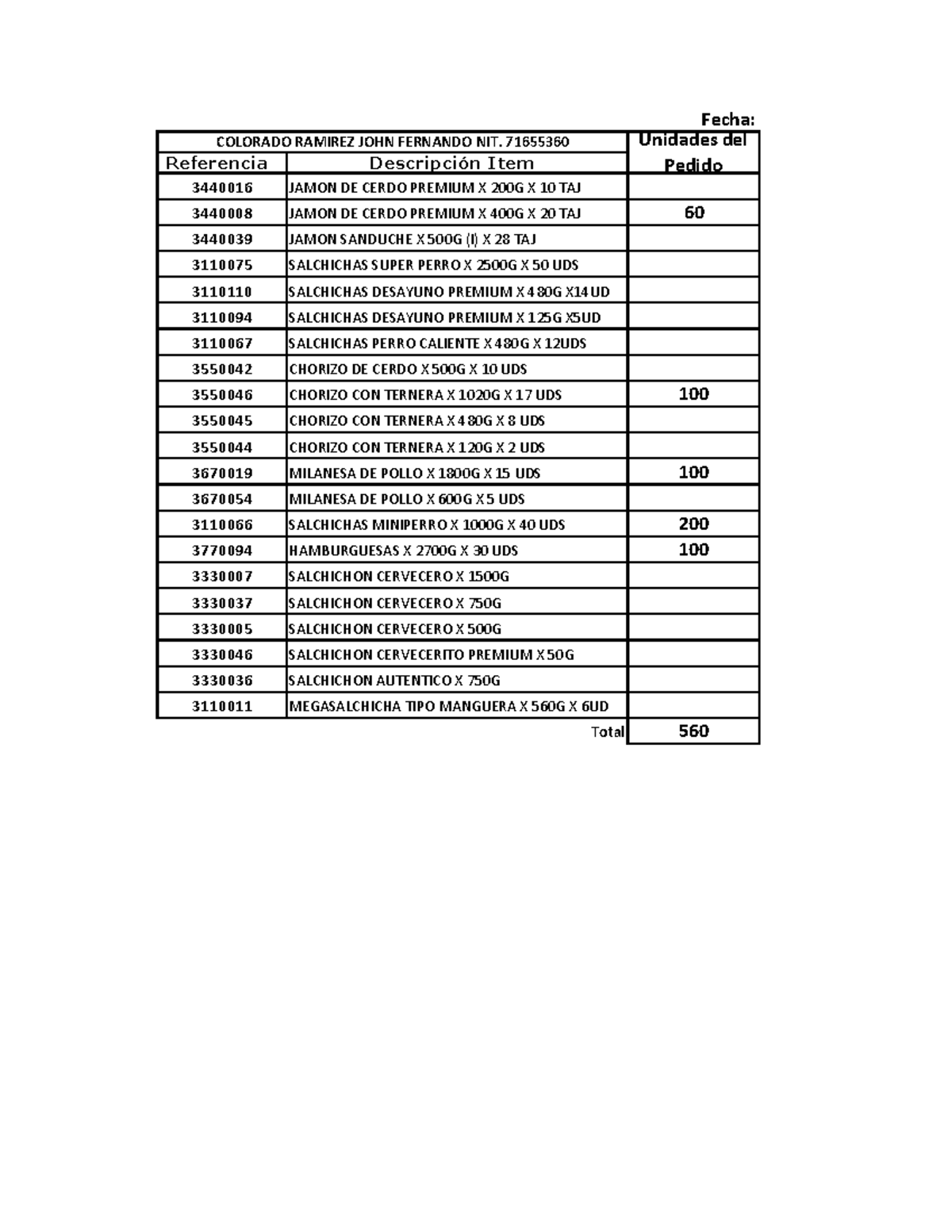 Formato de pedidos Colorado Ramirez John Fernando - Fecha: Referencia ...