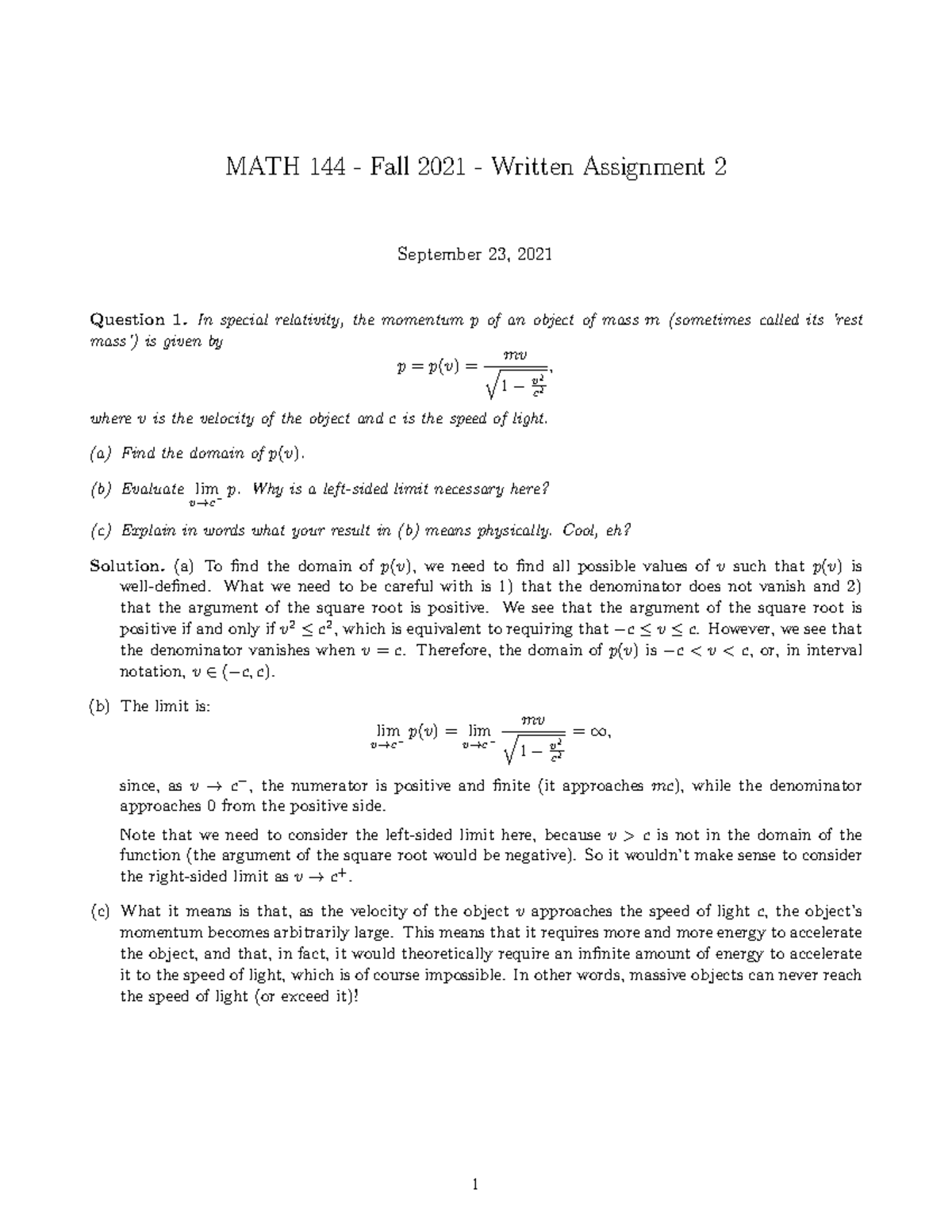Assignment 2 solutions - MATH 144 - Fall 2021 - Written Assignment 2 ...