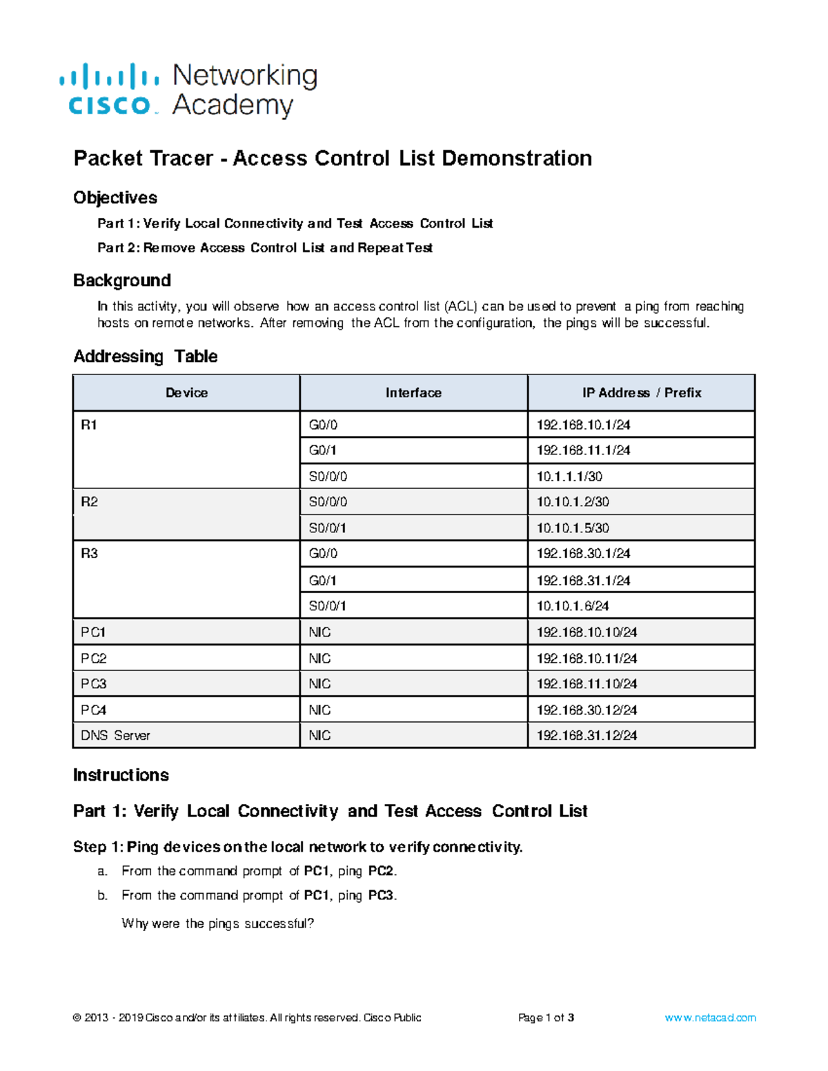 Packet Tracer Acl Demonstration © 2013 2019 Cisco And Or Its Affiliates All Rights Reserved