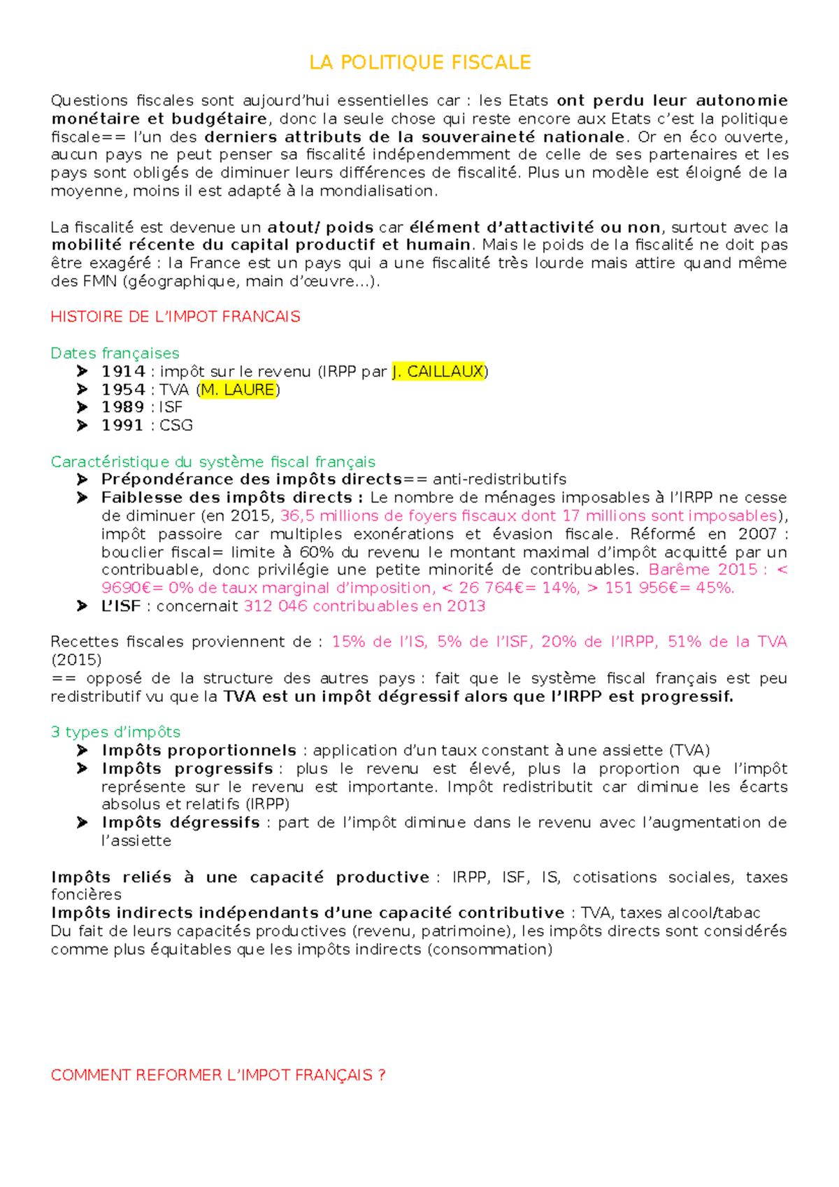 Politique Fiscale - Notes de cours 34 - LA POLITIQUE FISCALE Questions ...