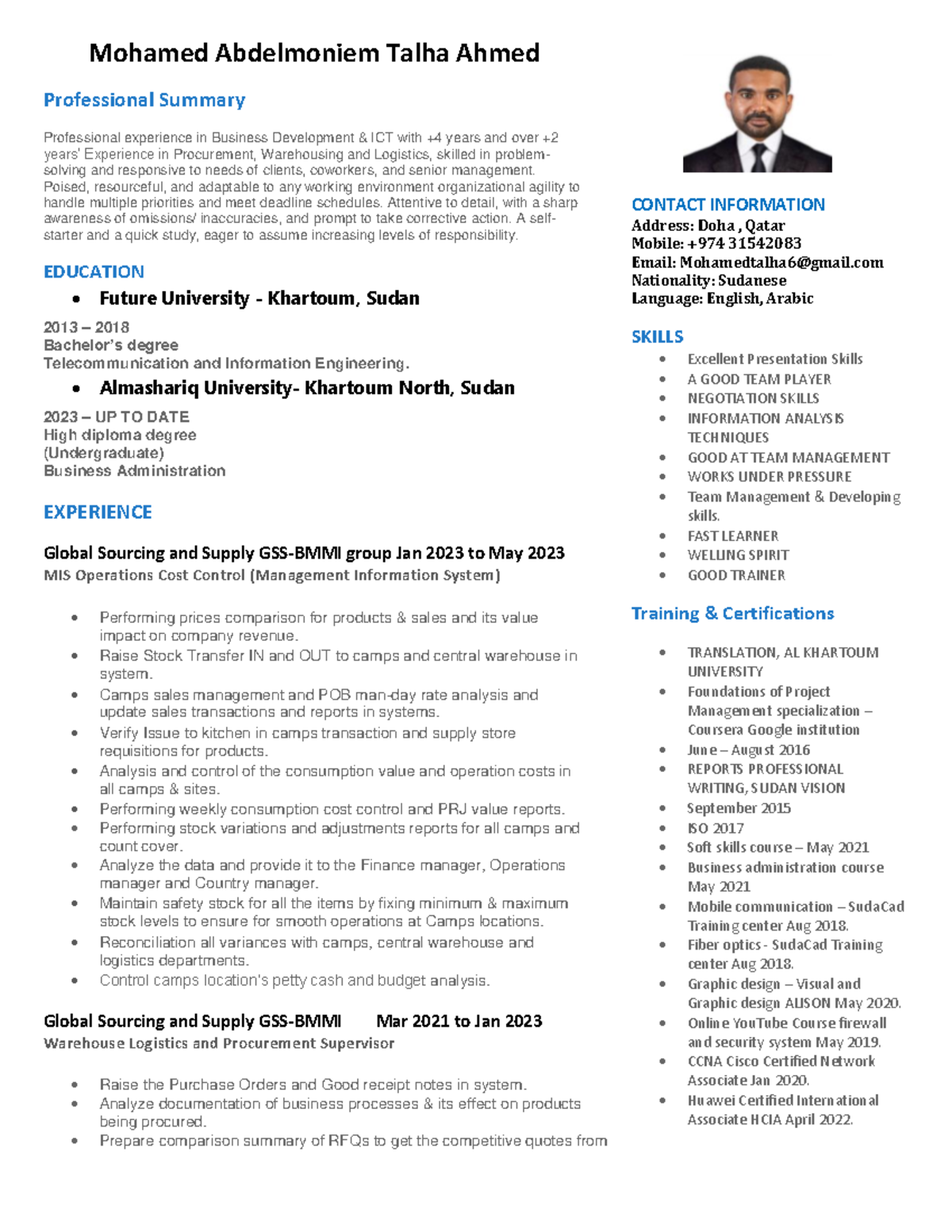 Mohamed Talha CV Qatar - Mohamed Abdelmoniem Talha Ahmed Professional ...