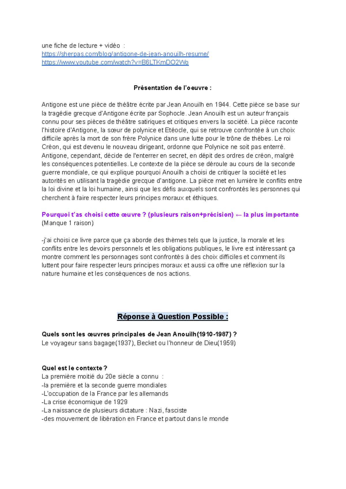 Antigone fiche cursive - une fiche de lecture + vidéo : - Studocu
