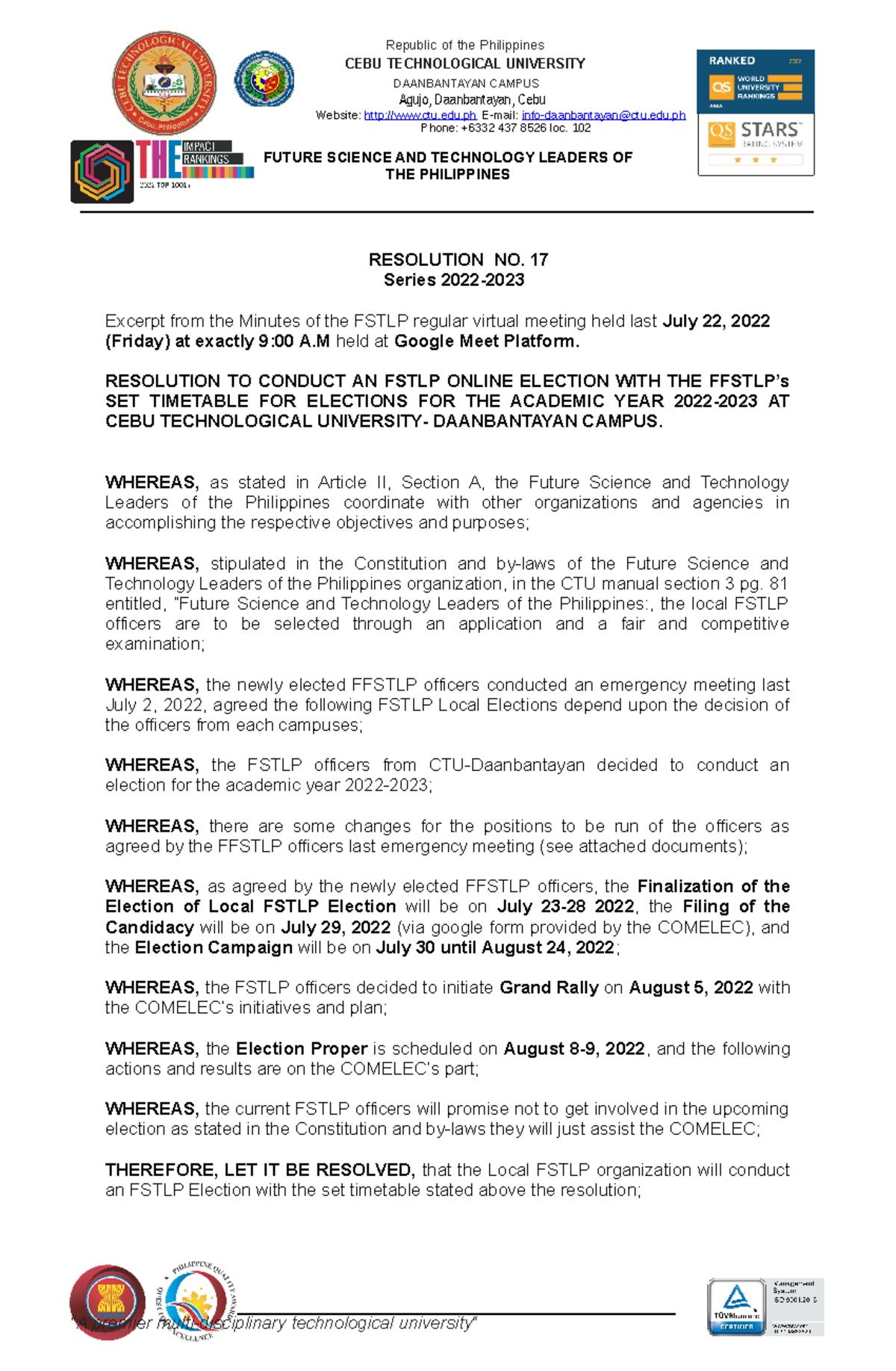 Election Resolution 2022 2023 - “A premier multi-disciplinary ...