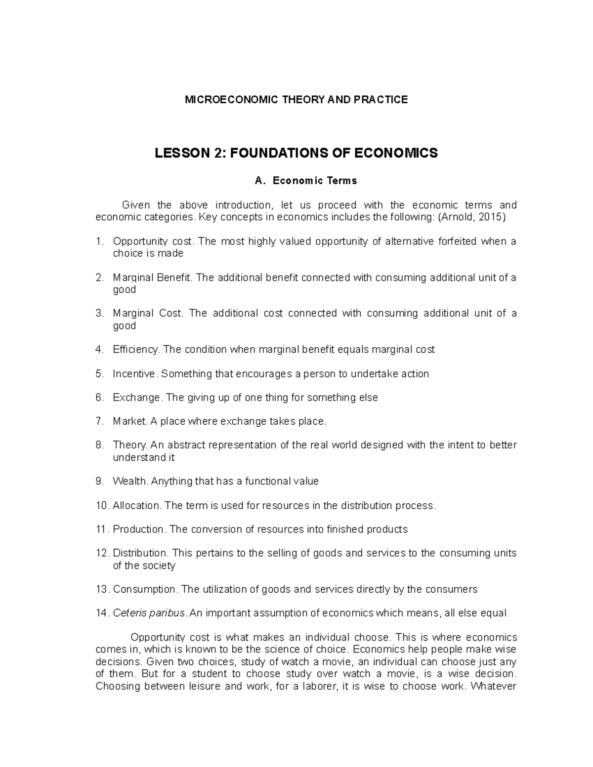 Foundations OF Economics - MICROECONOMIC THEORY AND PRACTICE LESSON 2 ...