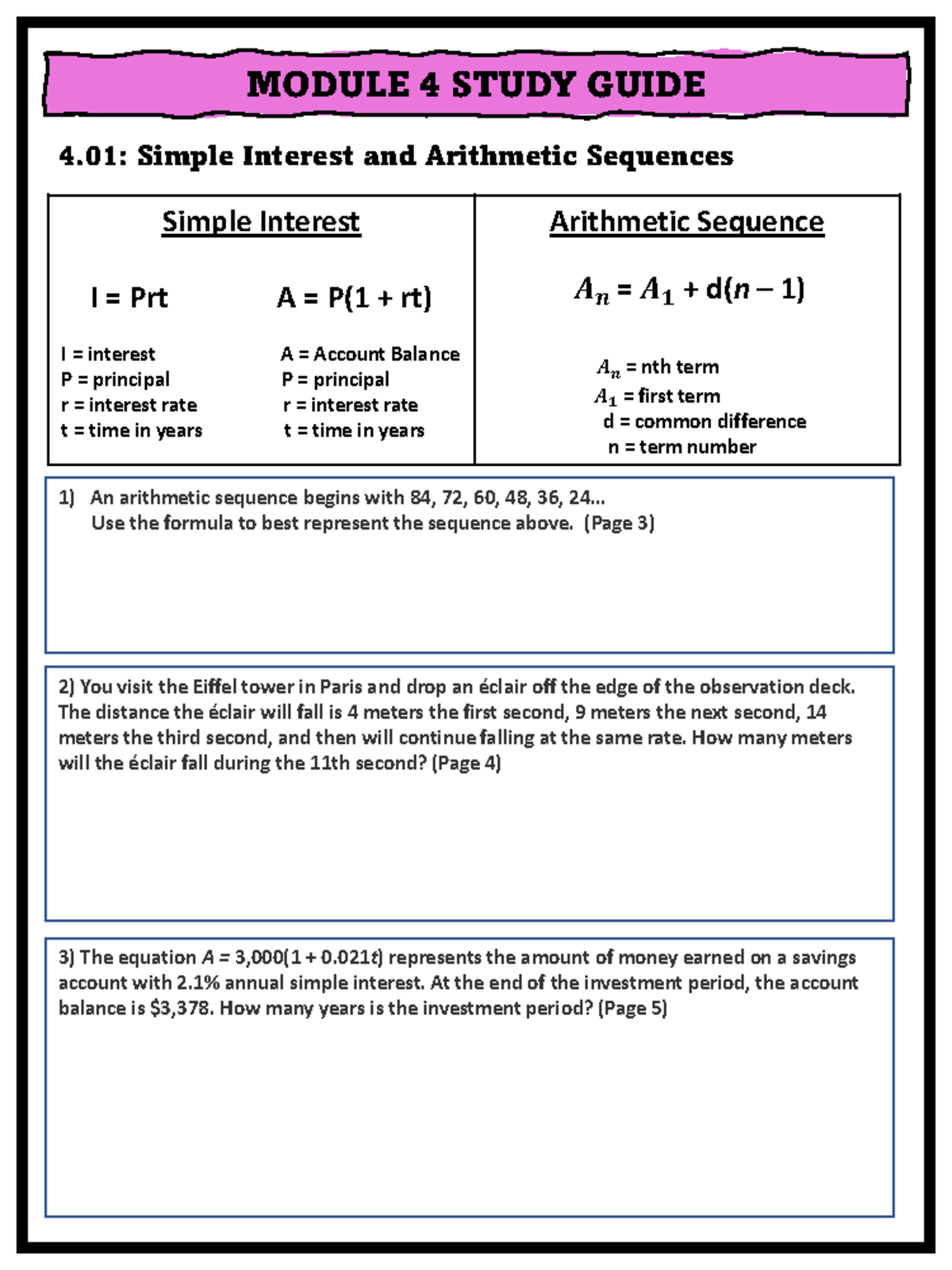 Module 4 Study Guide 2023 - 4: Simple Interest and Arithmetic Sequences 2) You visit the Eiffel ...