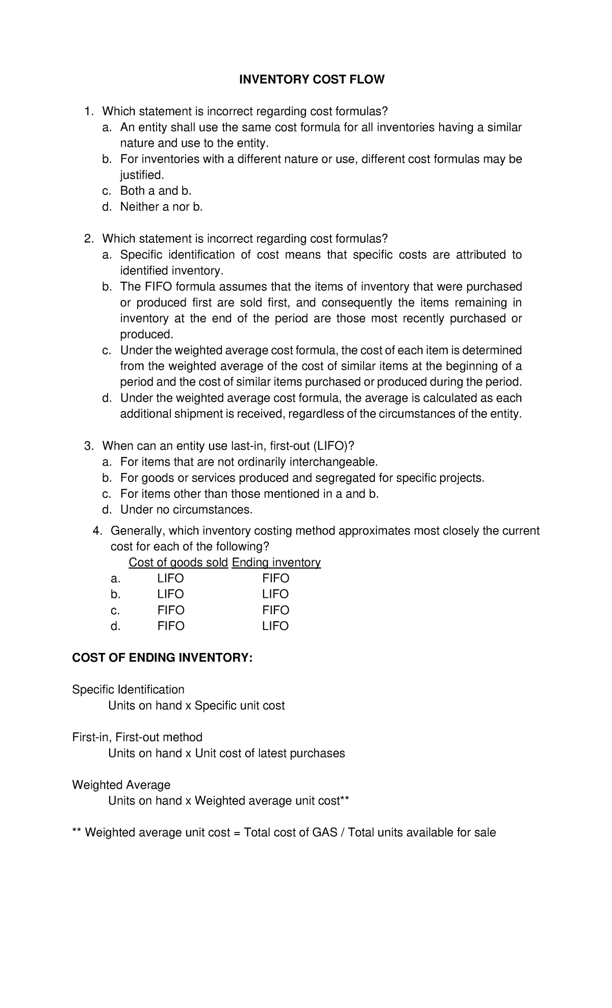 Inventory Cost Flow - INVENTORY COST FLOW Which statement is incorrect ...