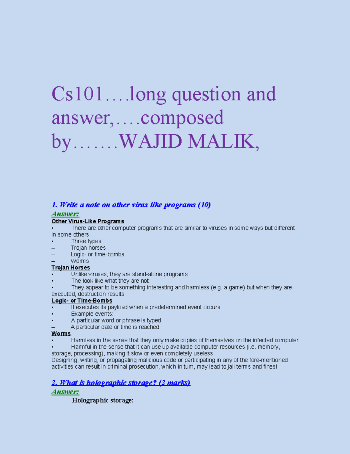 CS101 Midterm Subjective papers with Reference by wajid malik - Cs101... question and answer ...