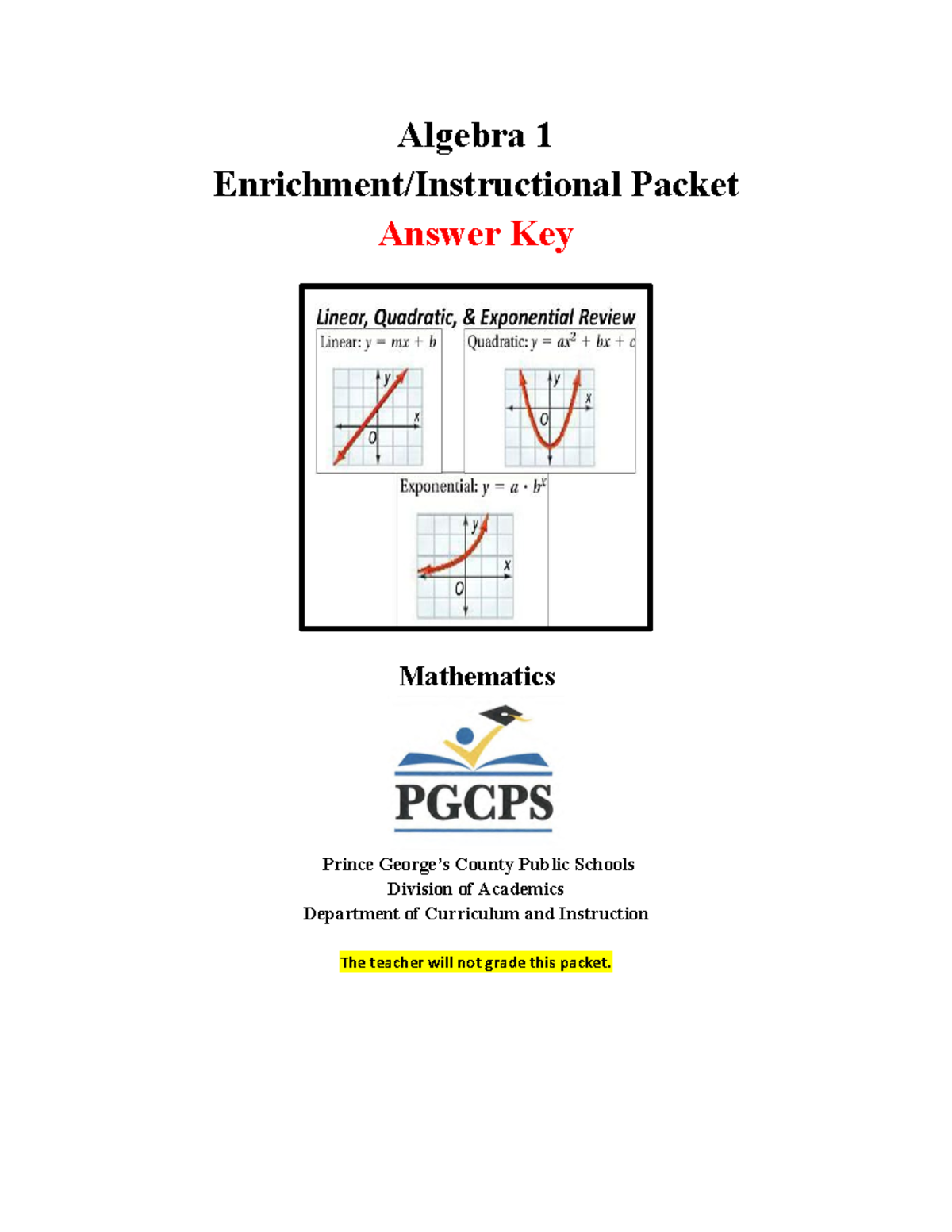 Algebra Enrichment Packet 2019-20 Answer Key - Algebra 1 Enrichment ...