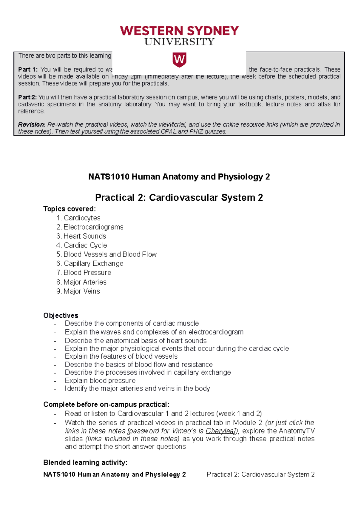 Practical 2 Cardiovascular System 2 (student) - There are two parts to this learning activity ...