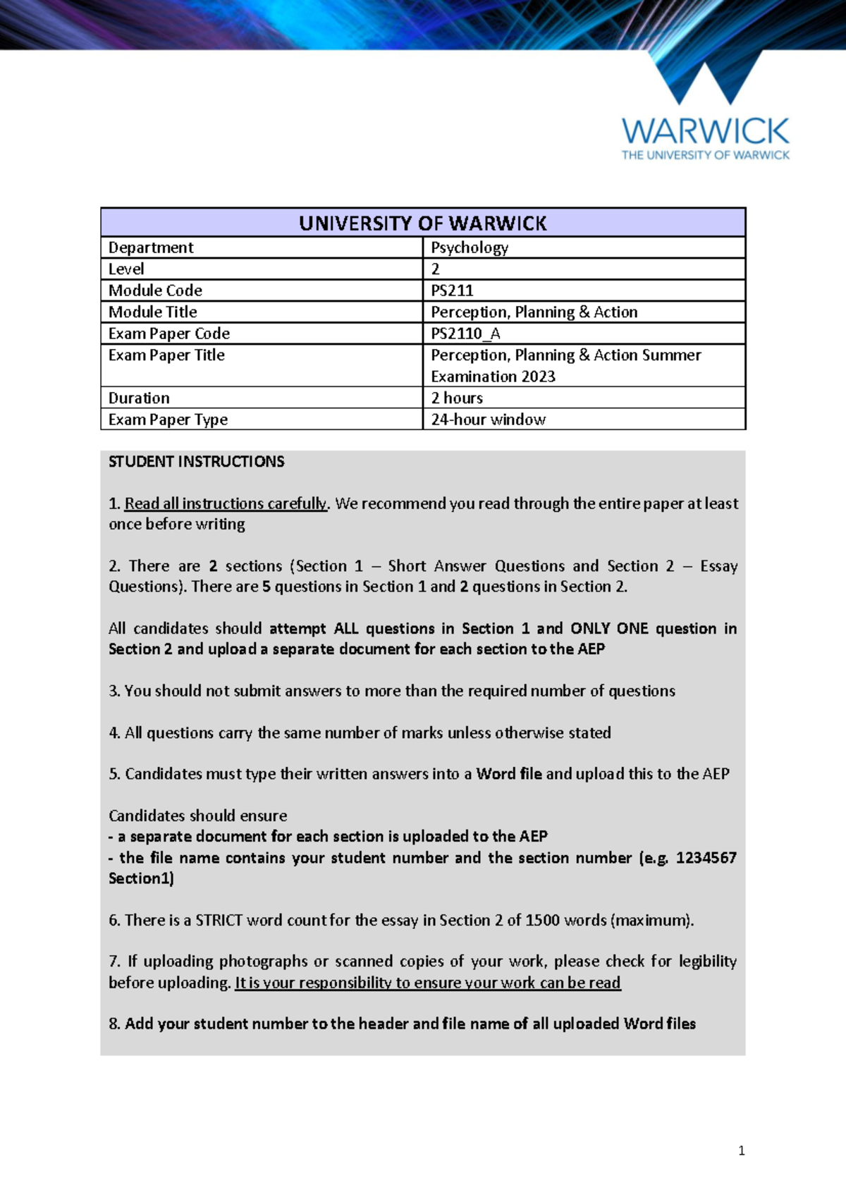 Ps2110-4 - final - UNIVERSITY OF WARWICK Department Psychology Level 2 Module Code PS Module ...
