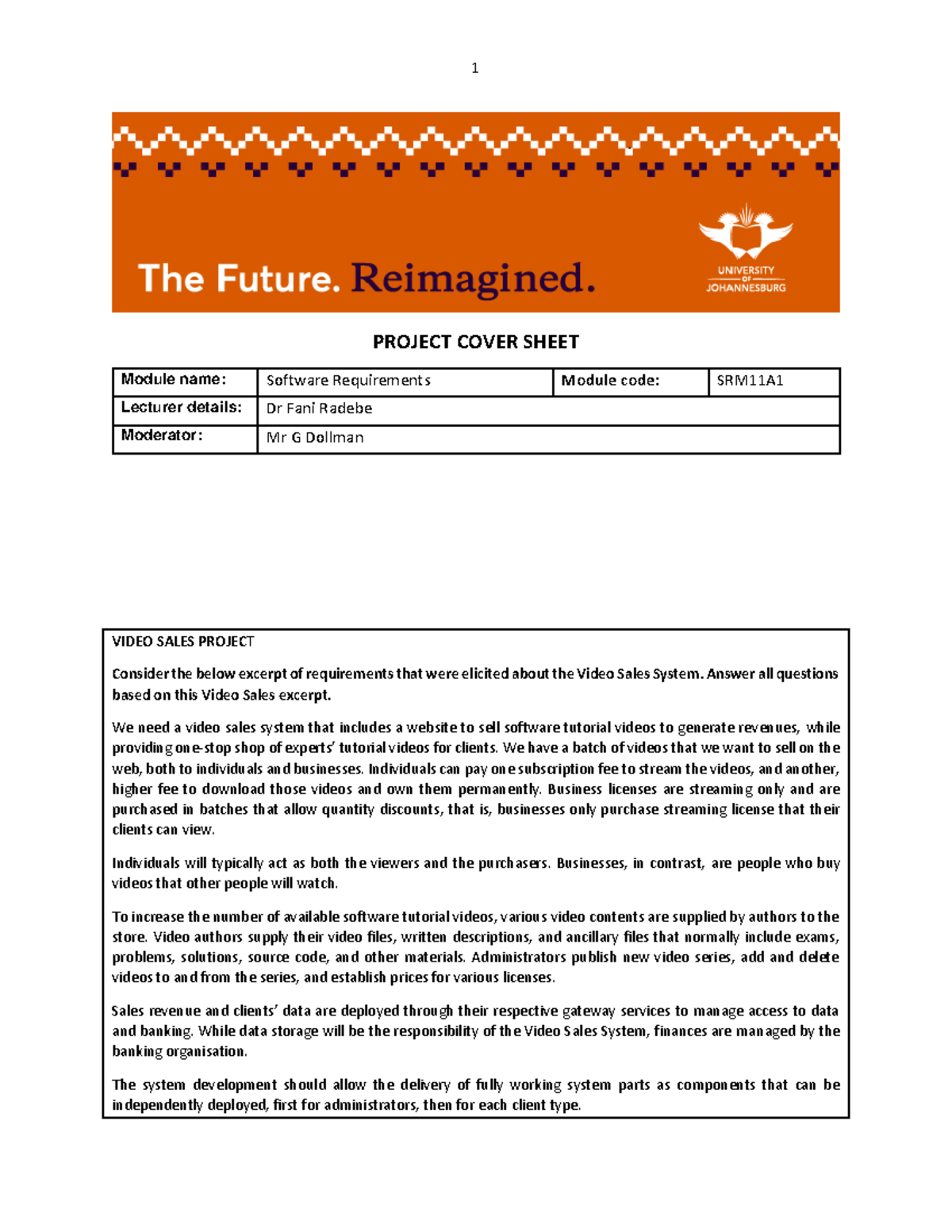 Video Sales - Final Project Marking Guide - PROJECT COVER SHEET VIDEO ...