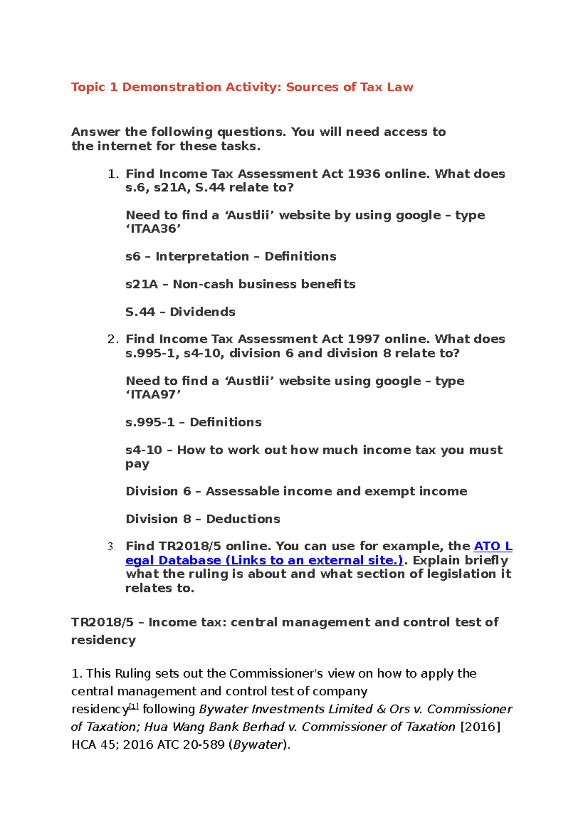 Topic 0 - Topic 1 Demonstration Activity: Sources of Tax Law Answer the following questions. You ...