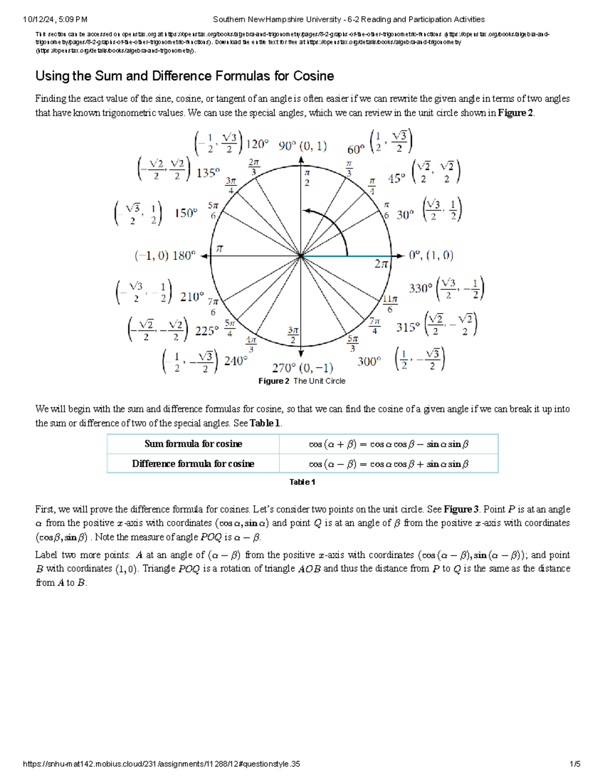 Southern New Hampshire University - 6-12 Using the Sum and Difference formulas for Cosine - This ...