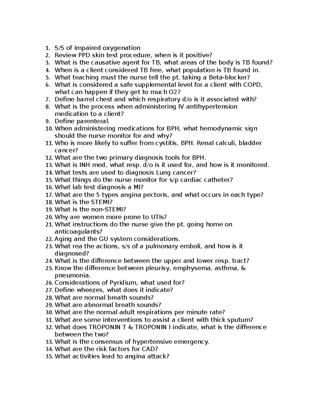 LPN to RN Study Guide Exam 2 - S/S of impaired oxygenation Review PPD ...